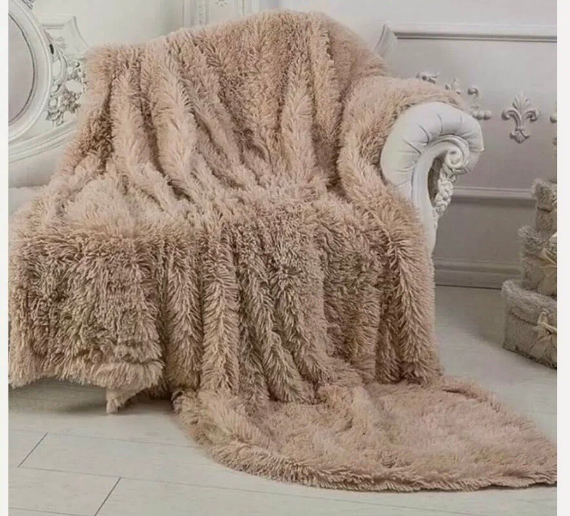 Плед Lusnug "Травка", 200x240, флис, искусственный мех, капучино/бежеый