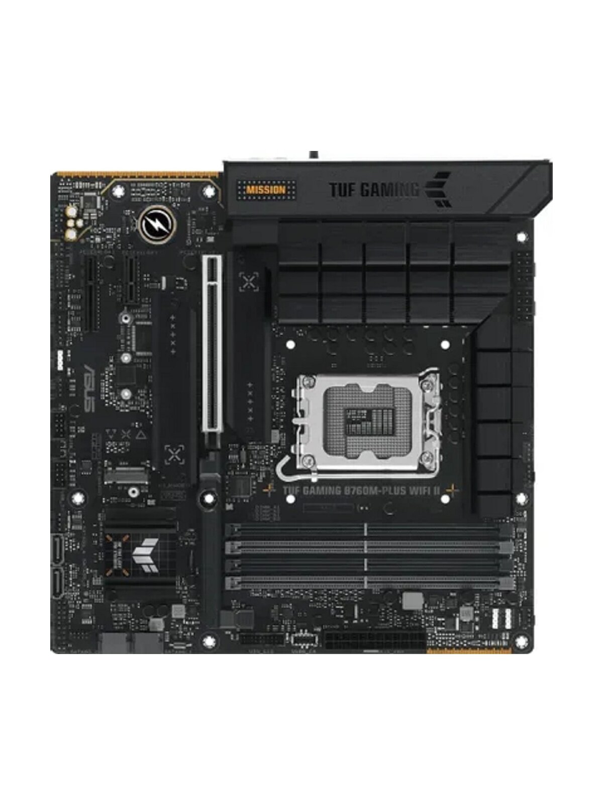 ASUS TUF GAMING B760M-PLUS WIFI II (Socket 1700, mATX, 4xDDR5(192GB), DP/HDMI, 1xPCIe 5.0x16/1xPCIe 4.0x4/1xPCIe 3.0, 1xLAN (2.5GbE), Wi-Fi, BT,4xSATA 6Gb/s, 3xM.2, 1xType-C, 3xUSB 3.2, 4xUSB 2.0)