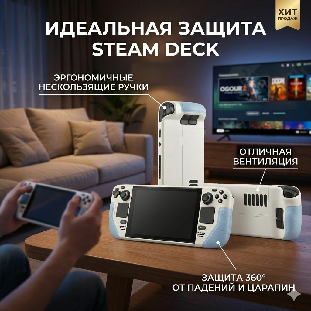 Чехол Steam Deck/OLED со встроенной подставкой и кожаными вставками, слоновая кость с синим