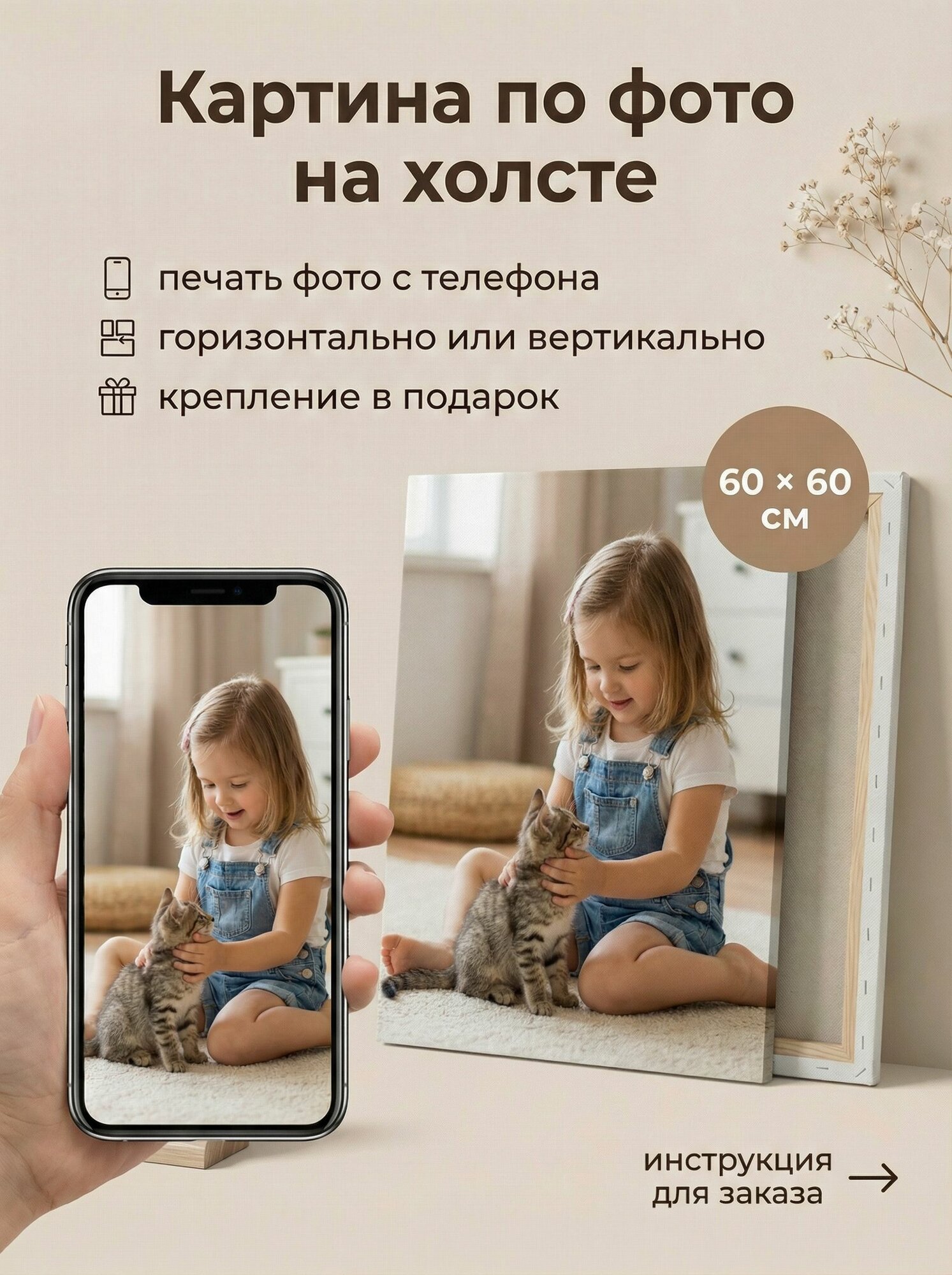 Картина по фото на холсте на заказ, фотохолст на подрамнике (60/60 см), портрет, подарок с фото