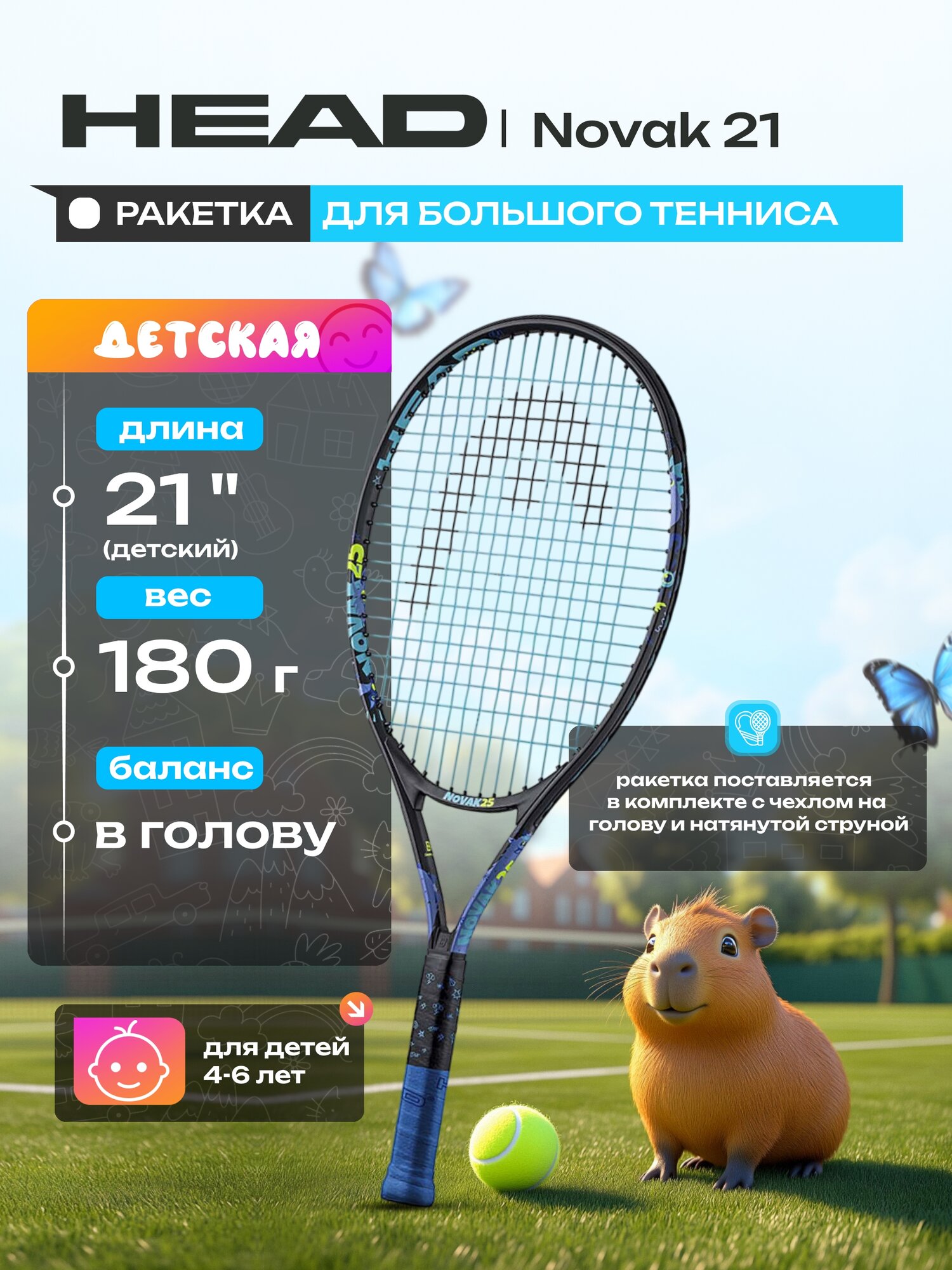 Ракетка для большого тенниса HEAD Novak 21 Gr05, 235024, детская, 4-6 лет