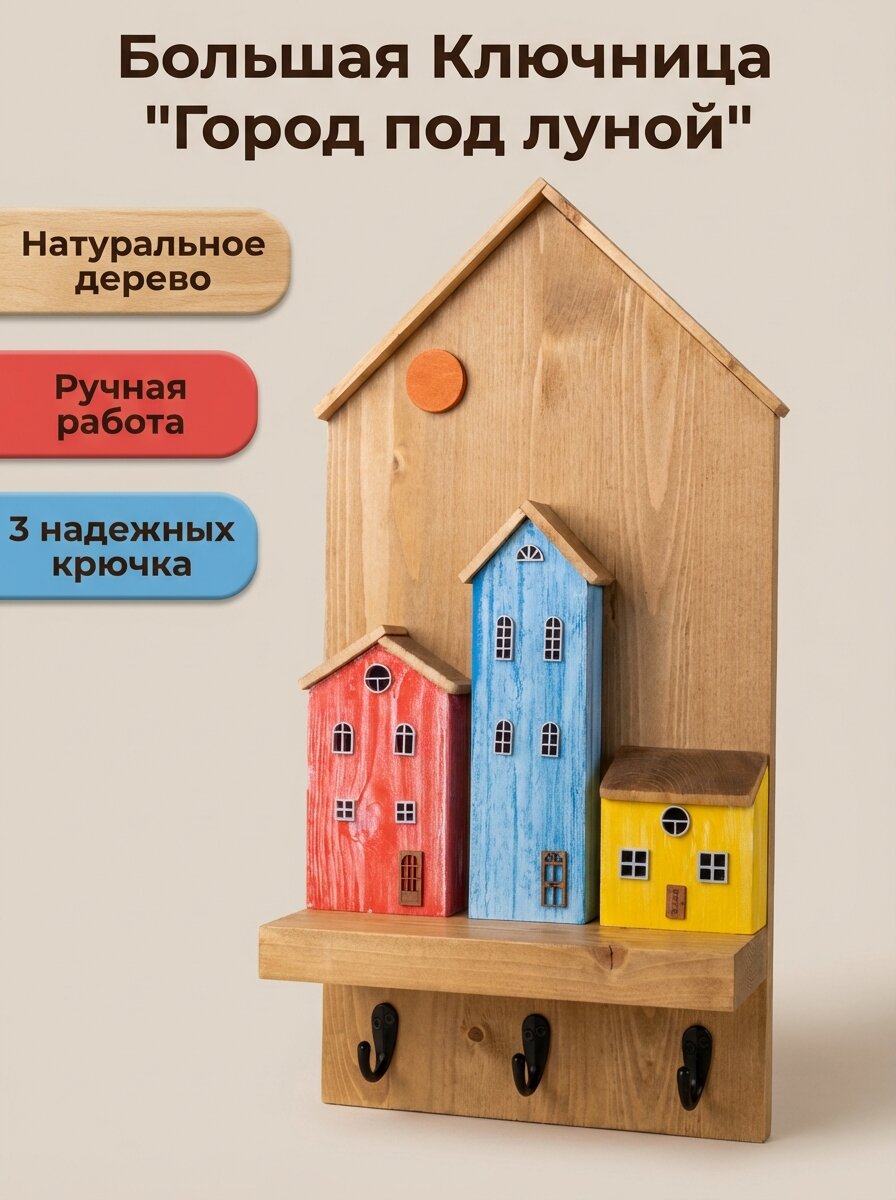 Ключница настенная "Город под луной", дерево, 59,5х30х11,5см