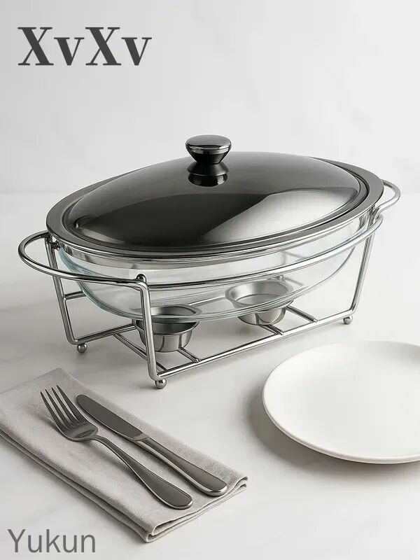 Мармит с подогревом от свечи для шашлыка, стеклянный, 3л, с крышкой,