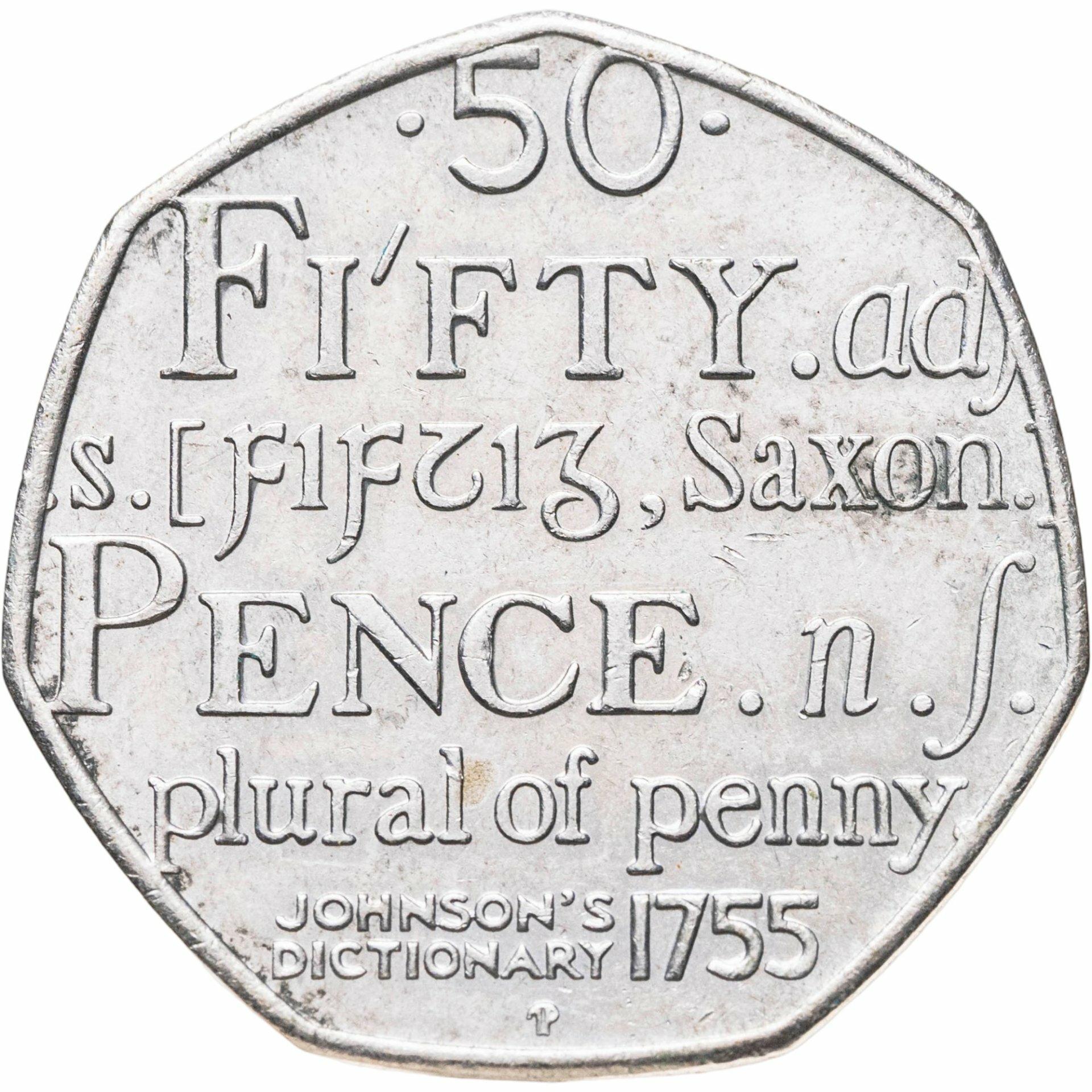 Великобритания 50 пенсов pence 2005 "250 лет со дня опубликования Словаря Английского языка Сэмюэла Джонсона", Мельхиор медь-никель, в сохранности XF-AU