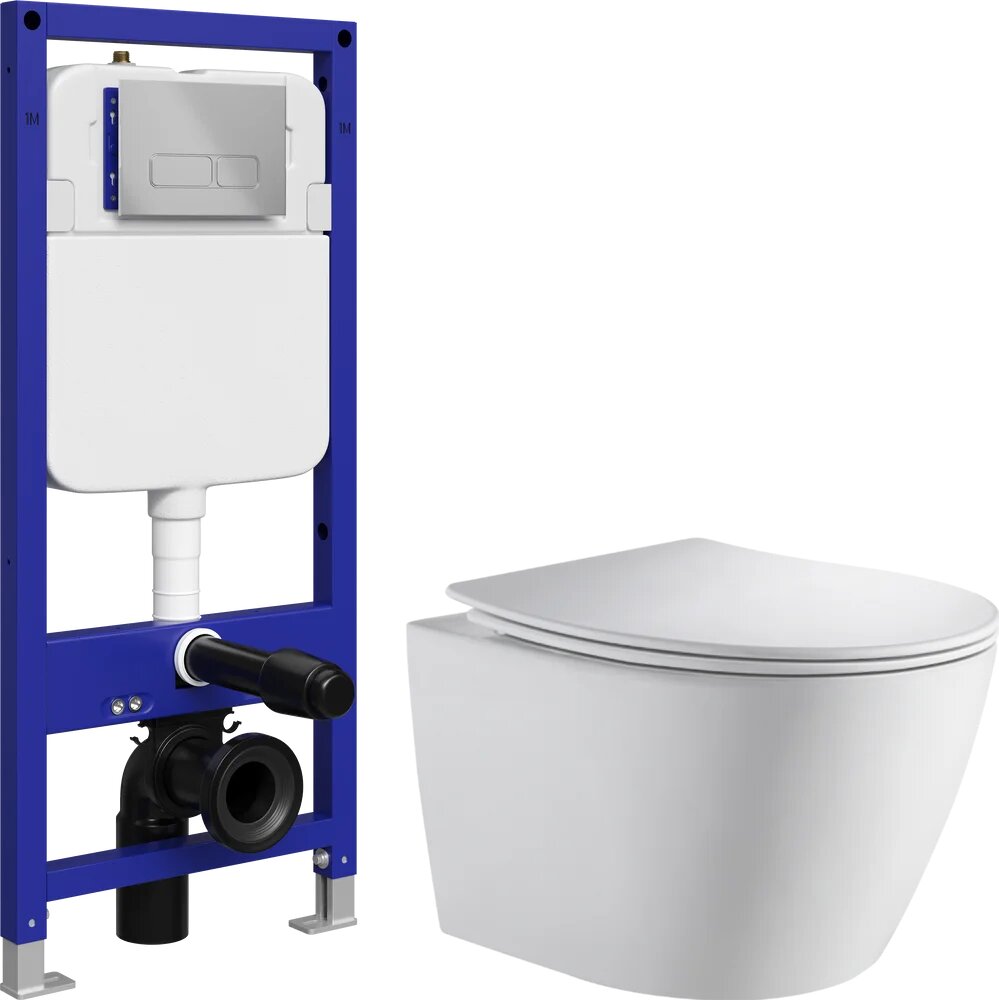 Комплект 5 в 1 Унитаз подвесной Orange C07 C07-150W / Инсталляция с кнопкой STWORKI Кронборг S28500CR / Крышка-сиденье, Комплект шумоизоляции