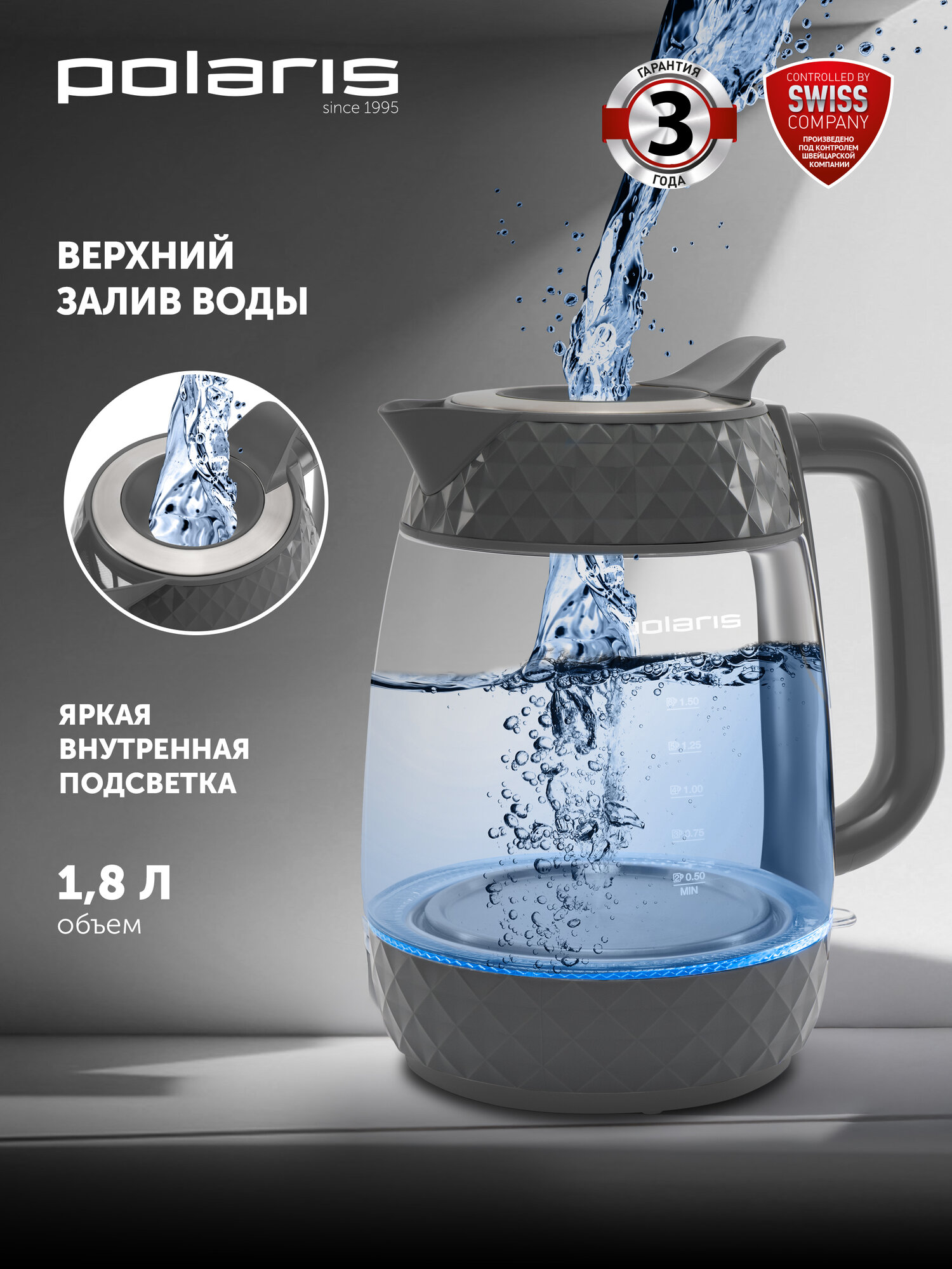 Электрический чайник Polaris PWK 1809CGL Water Way Pro, сенсорное управление, 15 режимов температуры, графит