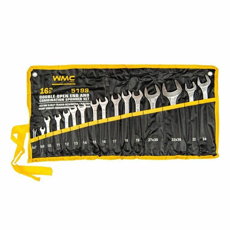 Набор ключей комбинированных и рожковых, 16пр (6х7,8х9,10х19,22х24,27х30,32х36мм) на полотне WMC TOOLS