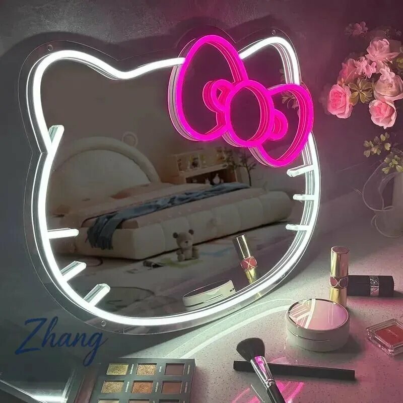 Неоновая вывеска Neon Милый кот и зеркала, декоративный светильник, 37х31 см, розовый
