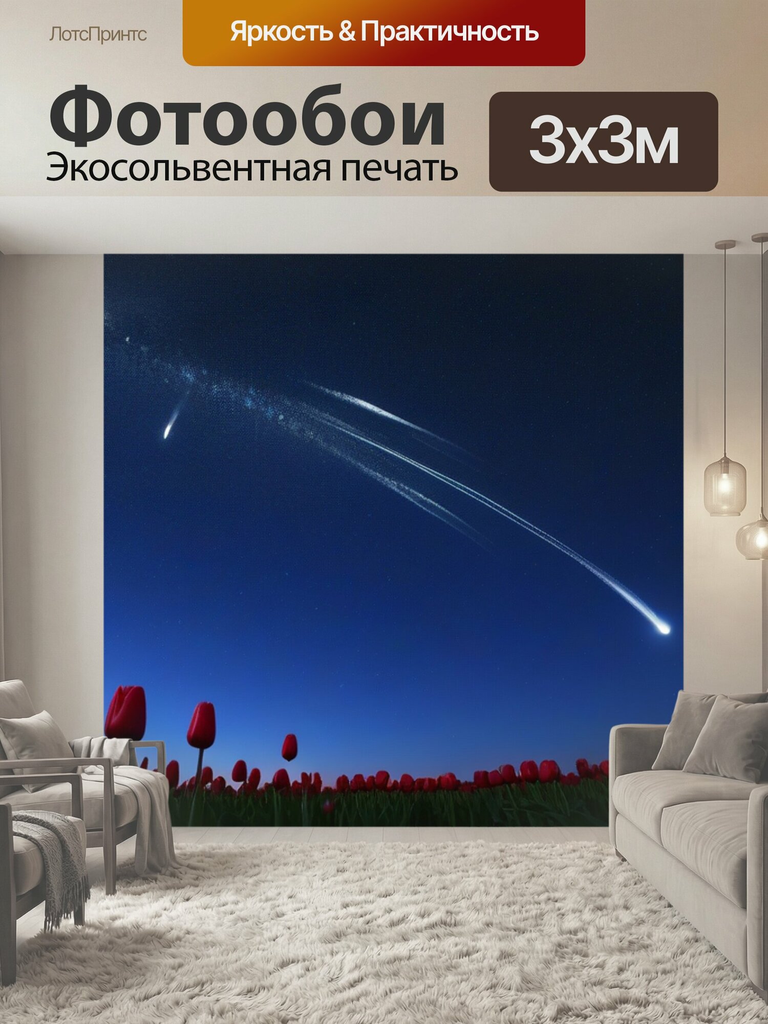 Фотообои "Тюльпан грация с кометами на небе" 300x300 см. экосольвентная печать