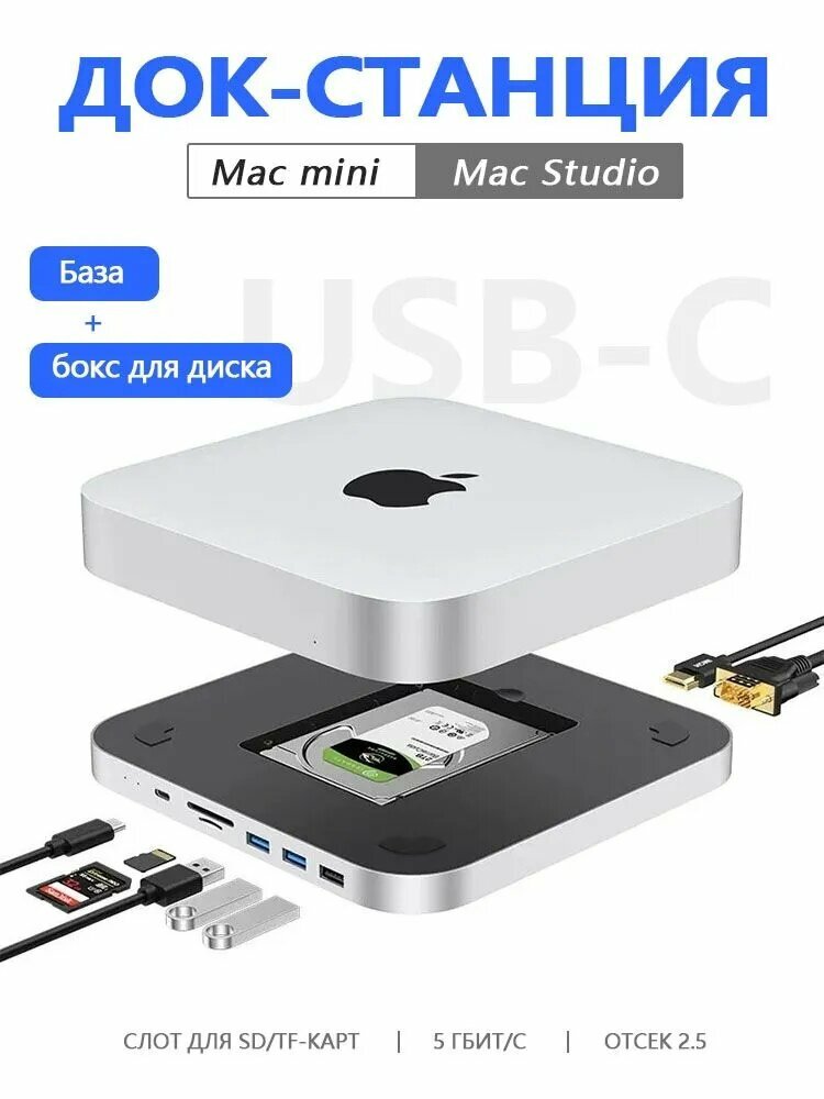 Док-станция для Mac mini/Mac Studio с HDMI/VGA и кардридером SD/TF поддержка 4K@60Hz и HDD/SSD