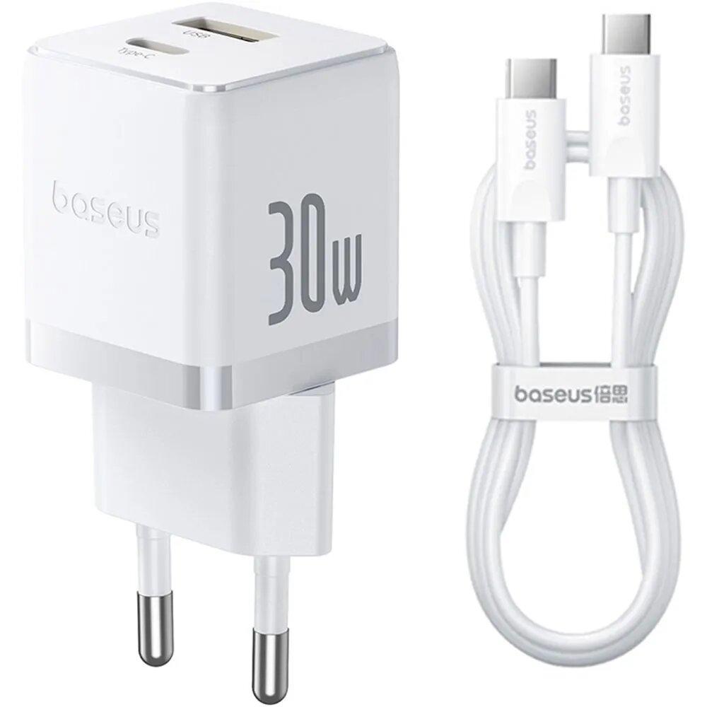 Сетевое зарядное устройство Baseus Palm Fast Charger C+U 30W EU Moon с кабелем Type-c - Type-c (P1011160A213-01) белое