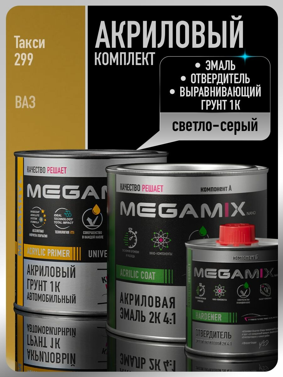 Комплект Акриловая краска автомобильная 2К , Такси 299, 840мл + Отвердитель 2K 210 мл + Грунт акриловый 1К , светло-серый, 800 г