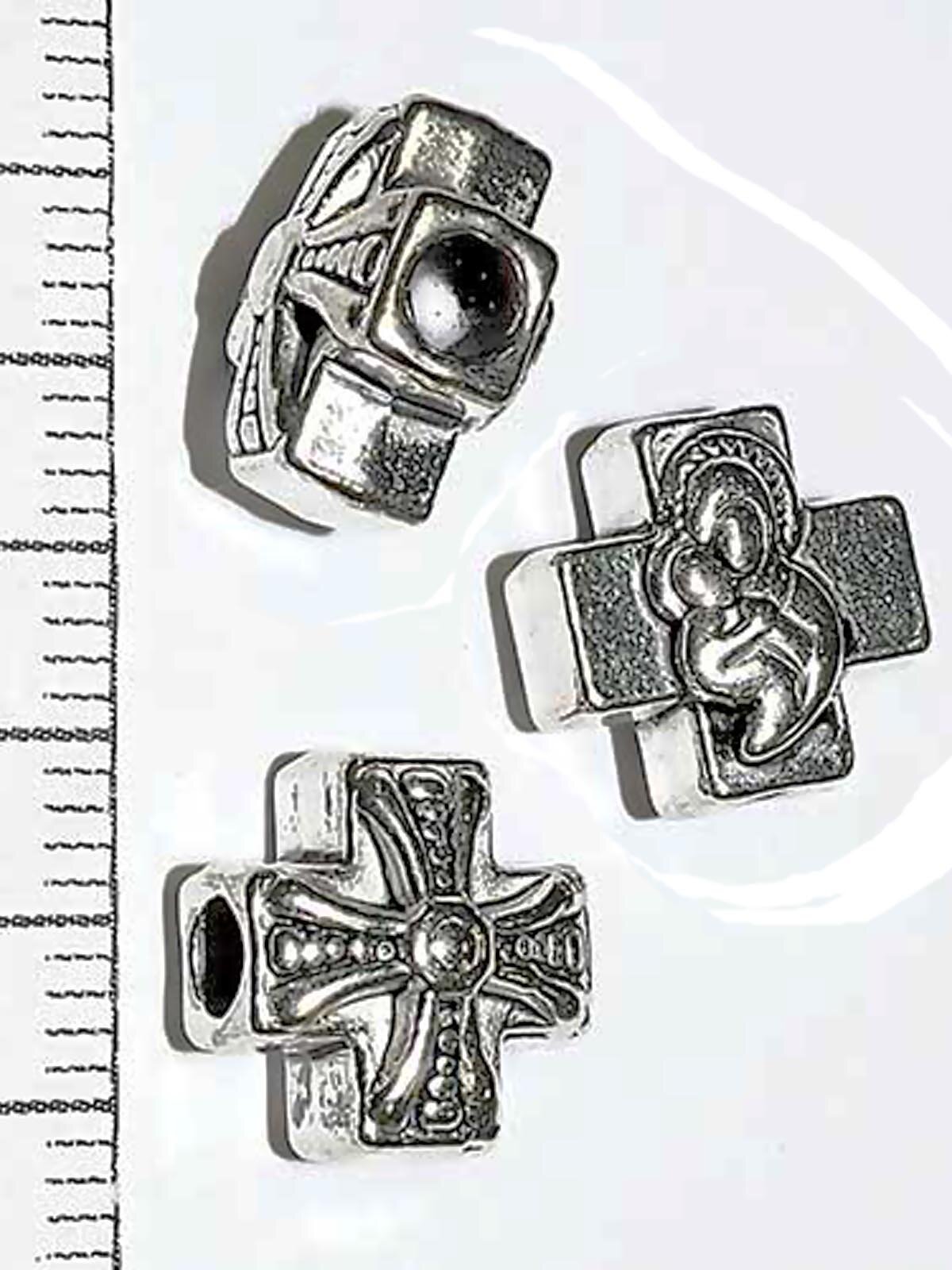 Металлическая бусина Крест с Мадонной 0008007 серебряный цвет 11x11x5 мм, цена за 2 шт.