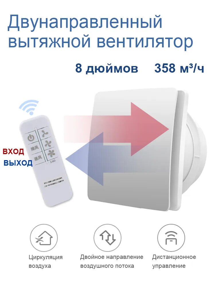 Двунаправленный квадратный вытяжной вентилятор 8 дюймов 2600 об/мин 358 м/ч 3 скорости пульт бесшумный энергосберегающий настенно-оконный для кухни ванной белый