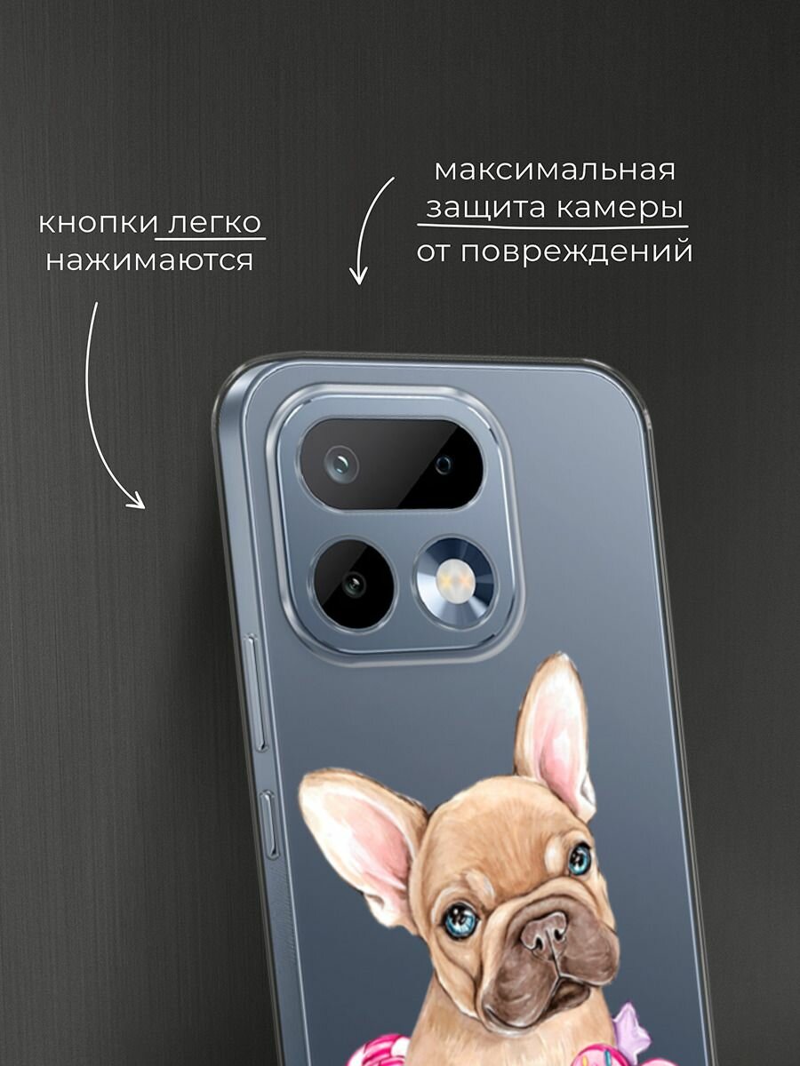 Чехол на Realme 16 Pro / Реалме 16 Про с принтом Бульдог и сладости, прозрачный — фото 1