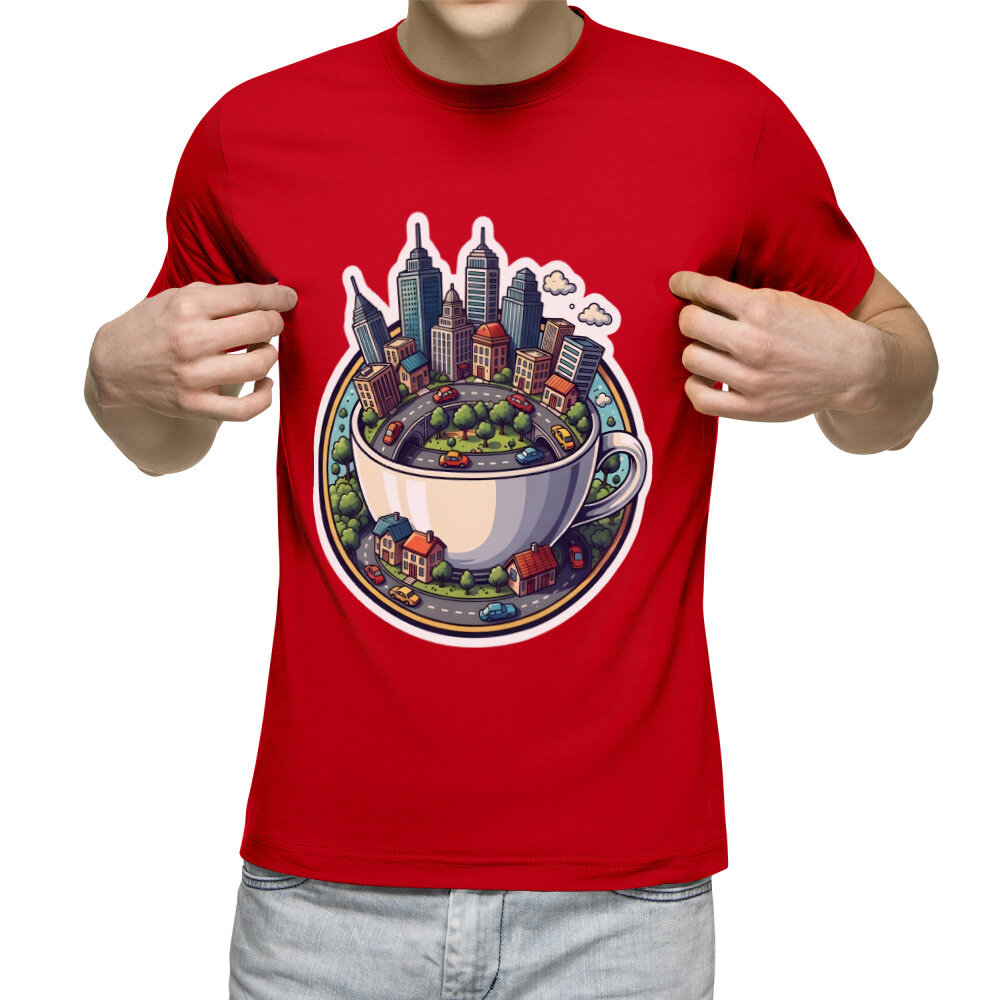 Мужская футболка «Миниатюра, город внутри кофейной кружки» (красный, L)
