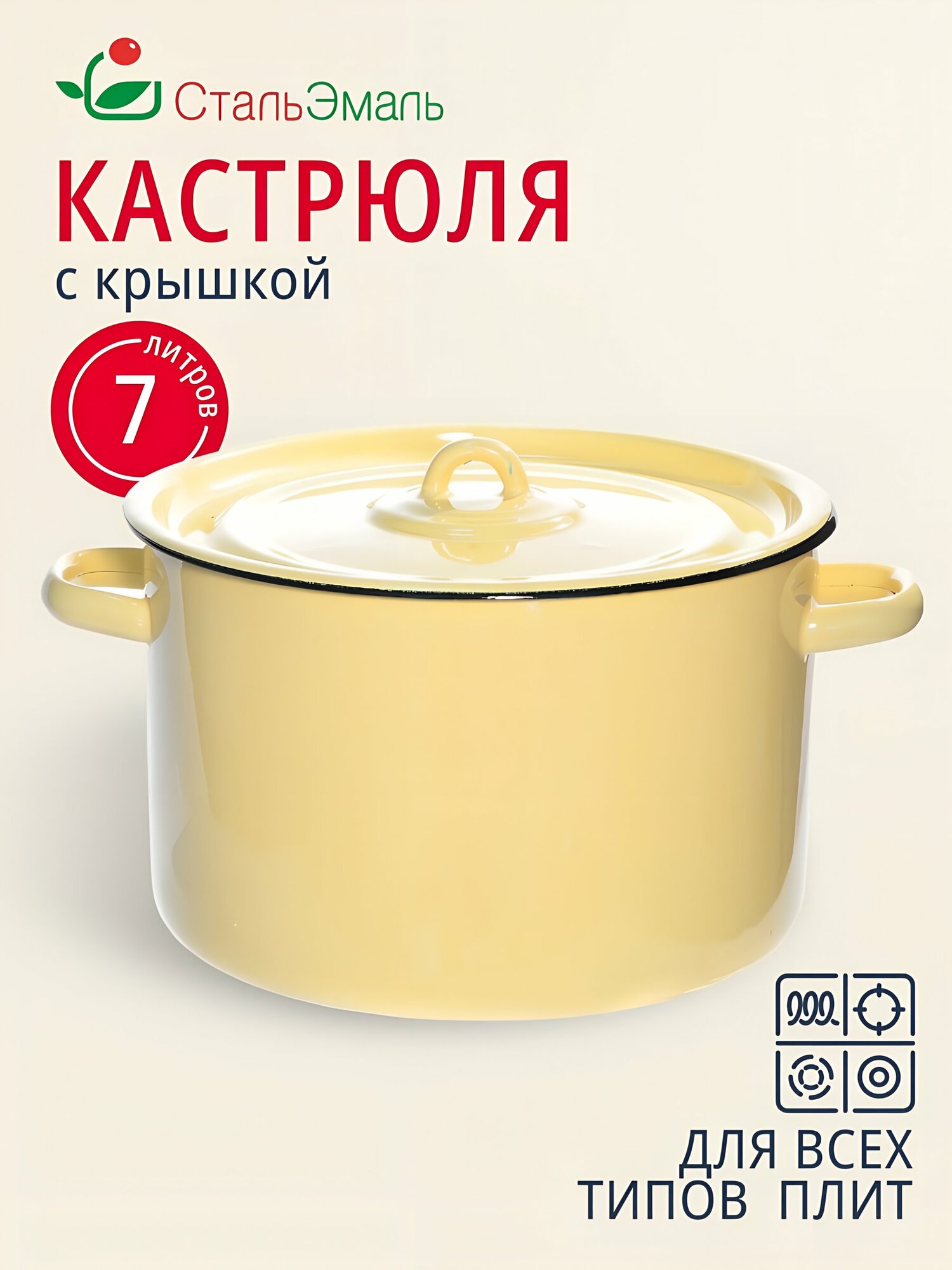 Кастрюля эмалированная СтальЭмаль 7 литров с крышкой, для индукционных, газовых, электрических и стеклокерамических плит