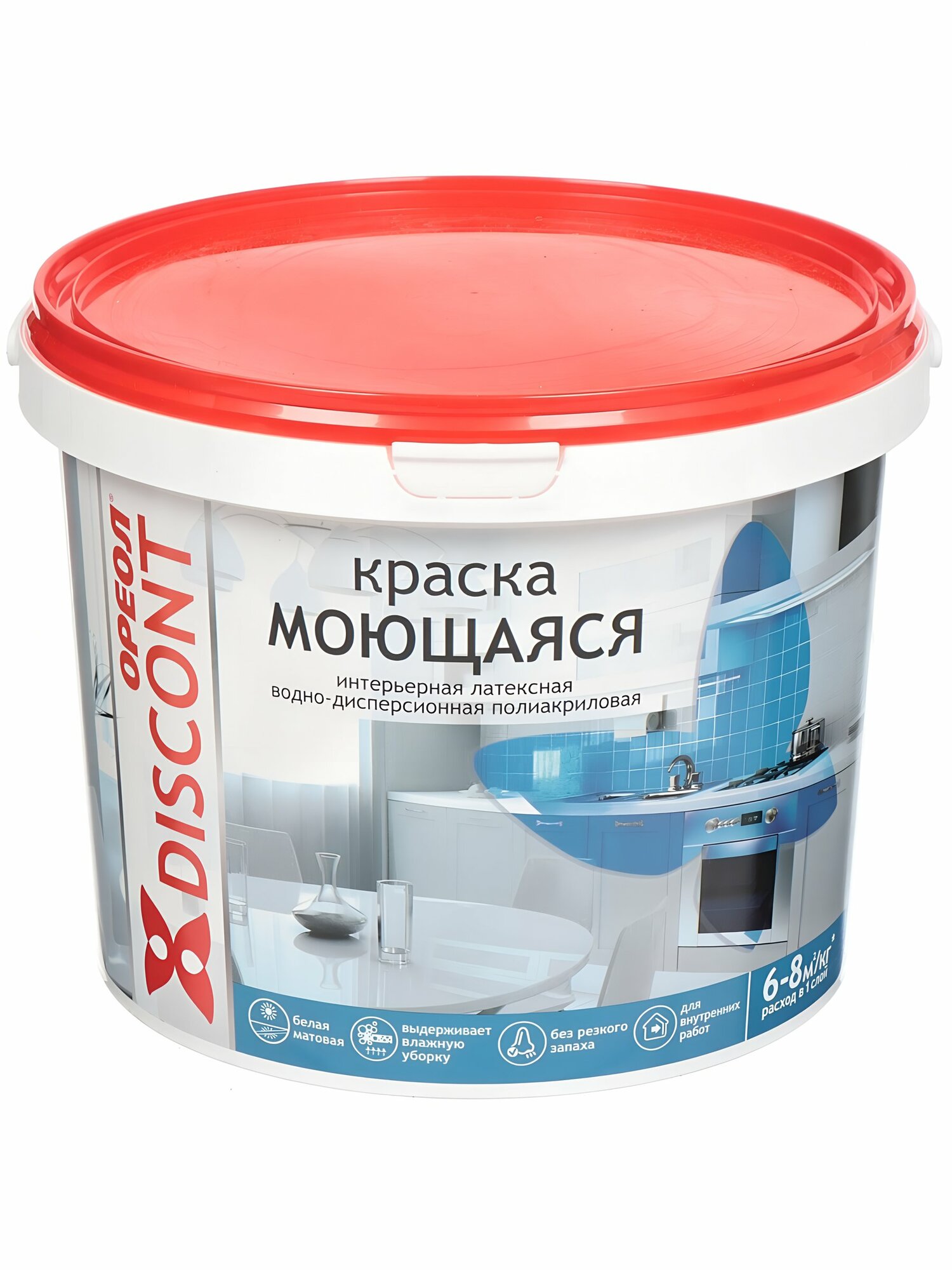 Краска воднодисперсионная, Ореол, Дисконт, полиакриловая, универсальная, моющаяся, влагостойкая, матовая, белая, 6.5 кг