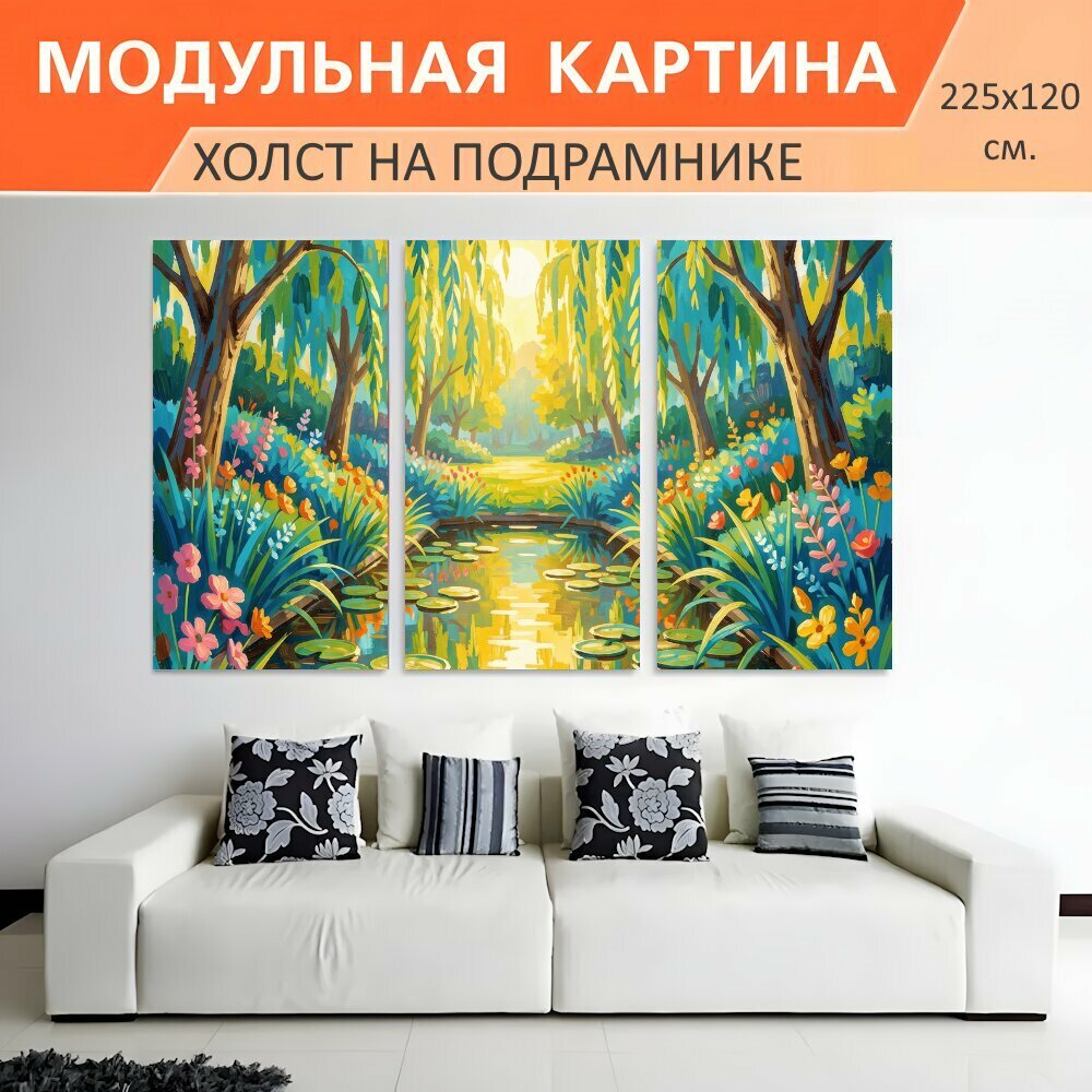 Модульная картина на холсте "Солнечный сад с прудом. Яркая живописная сцена с лесной водой, кувшинками, цветущими растениями и." триптих на подрамнике 225х120 см. для интерьера