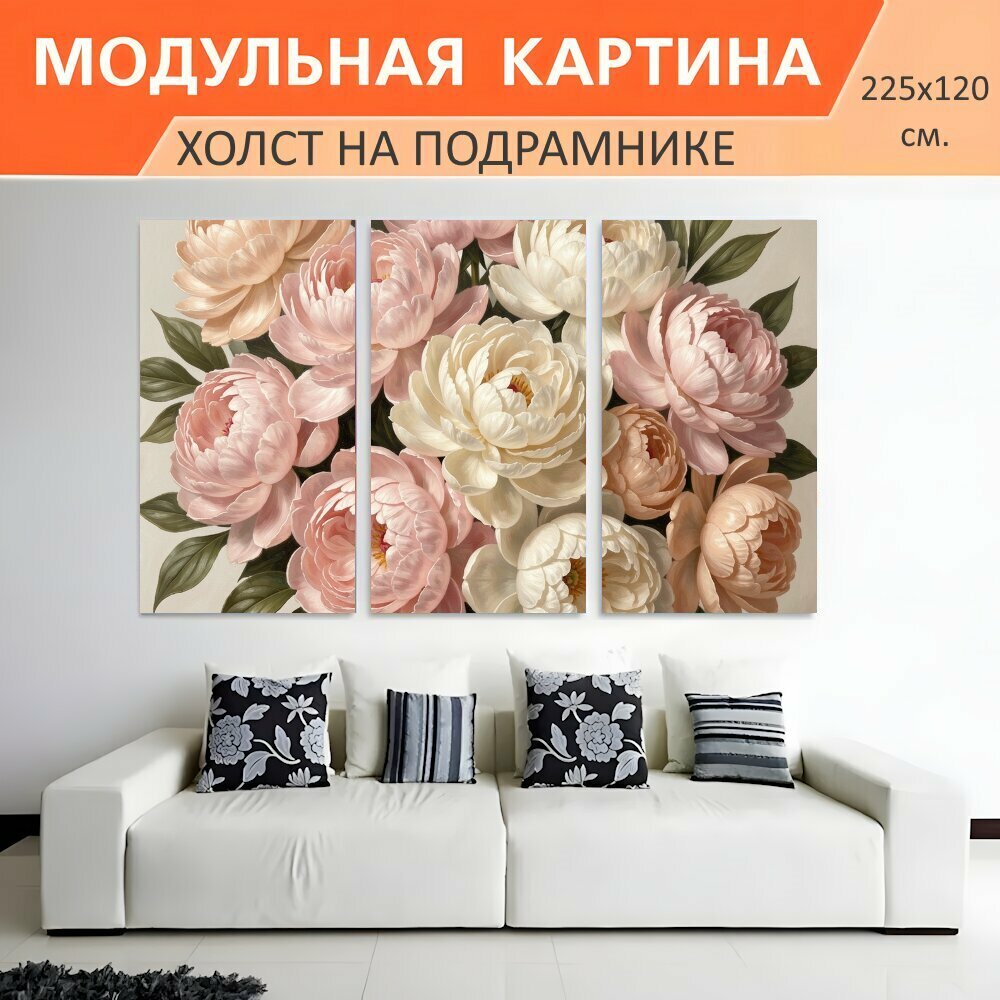 Модульная картина на холсте "Нежный букет пионов. Пышная флористическая композиция в пастельной гамме: кремовые, розовые и персиковые." триптих на подрамнике 225х120 см. для интерьера