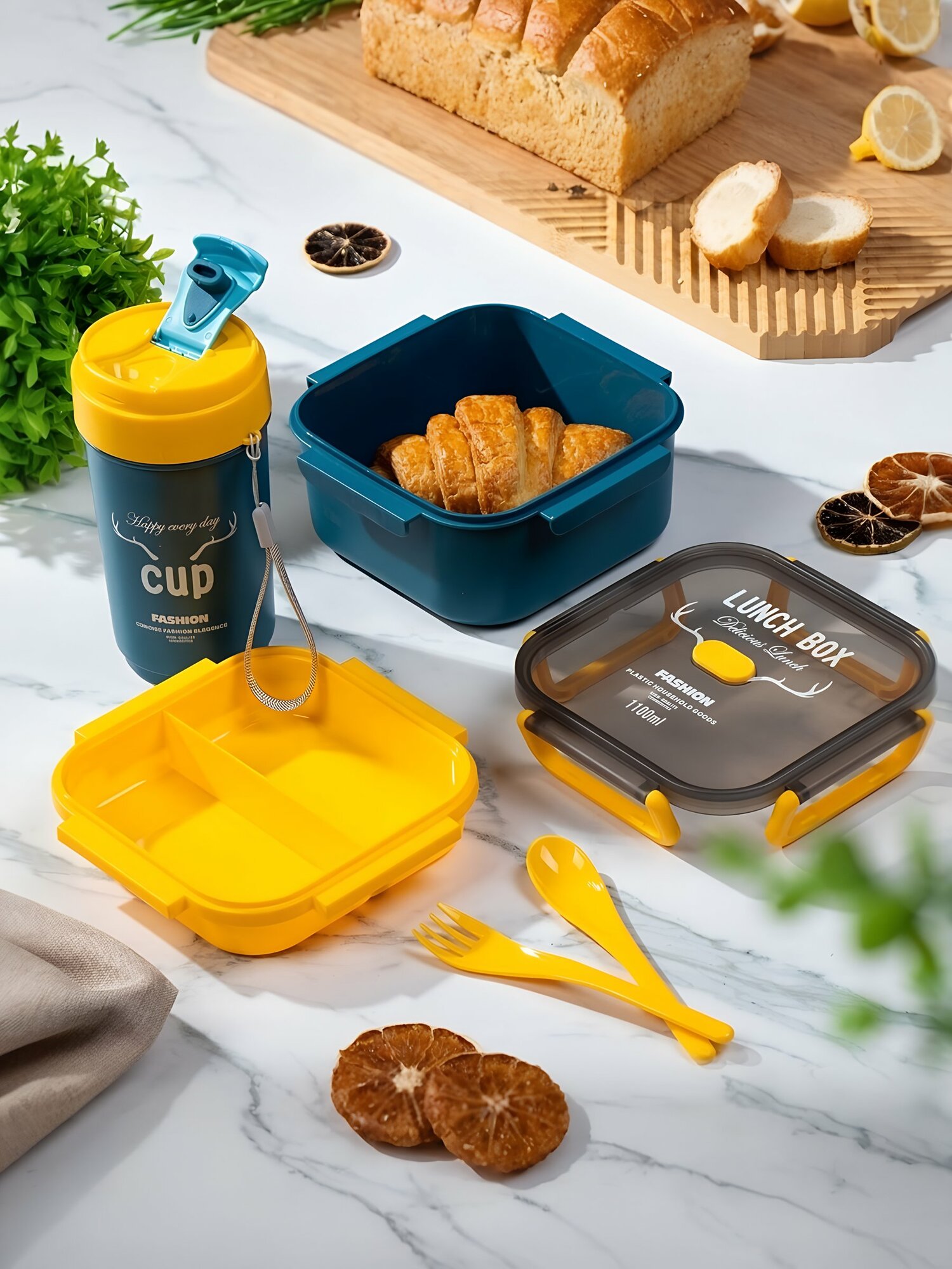 Ланч-бокс пластиковый 1.1 л с бутылкой Y4-8619, синий, герметичный