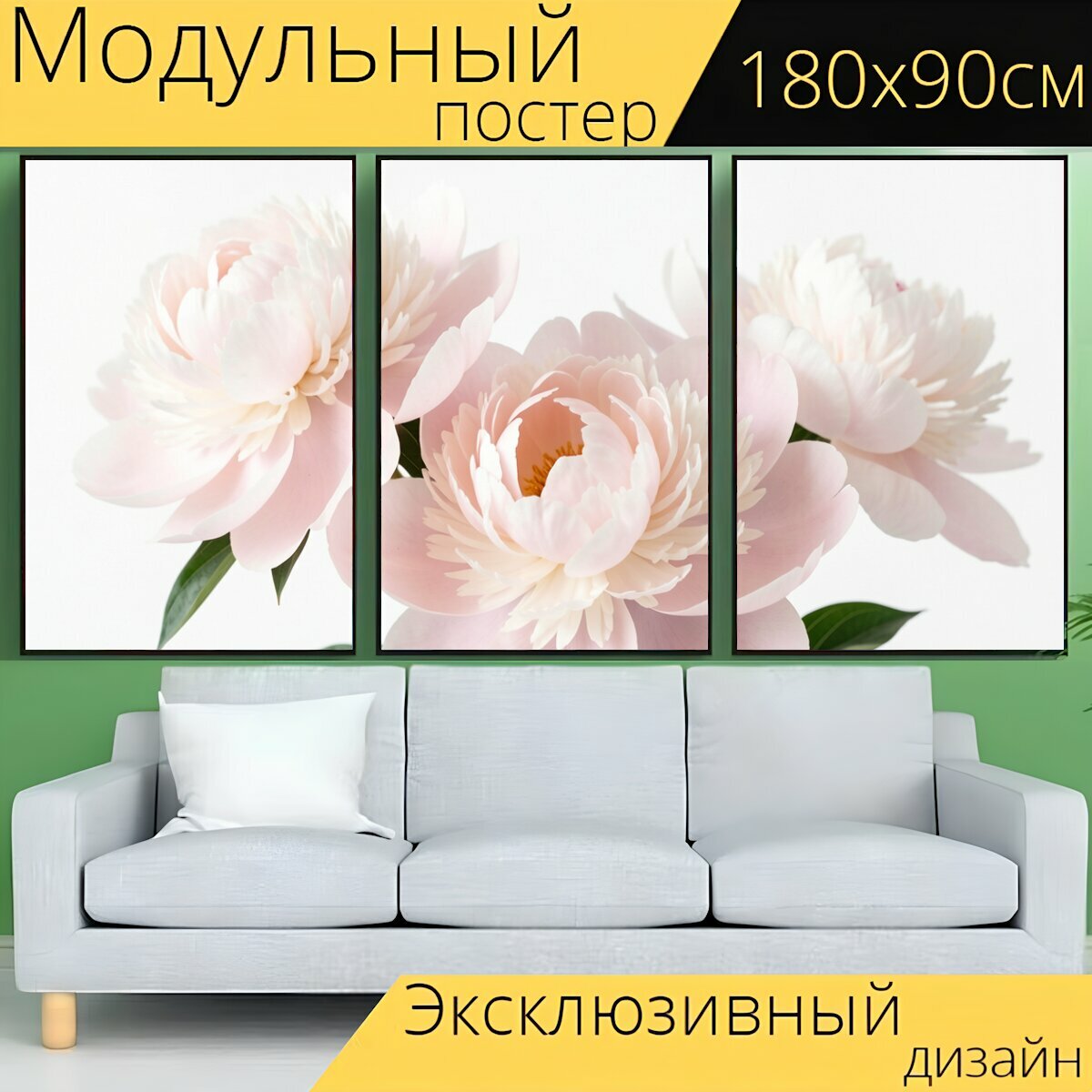 Модульный постер "Нежные розовые пионы. Изящные крупные бутоны в пастельной гамме с кремовыми и нежно-розовыми лепестками, зелёной." 180 x 90 см. для интерьера на стену в тубусе