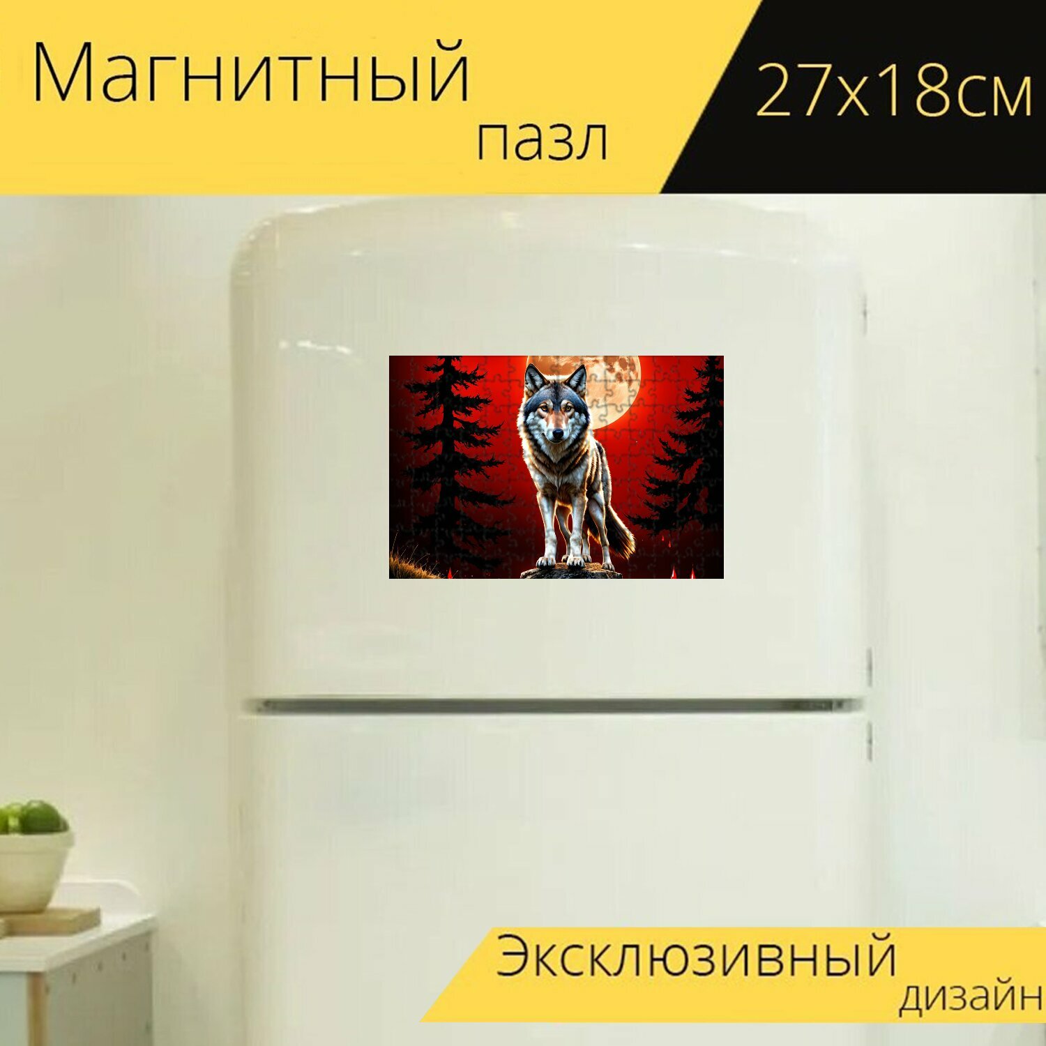 Магнитный пазл "Волк, стоящий на скале, с ярким и детализированным мехом. На заднем плане - кроваво-красное небо с огромной полной луной, светящейся ярко." на холодильник 27 x 18 см.