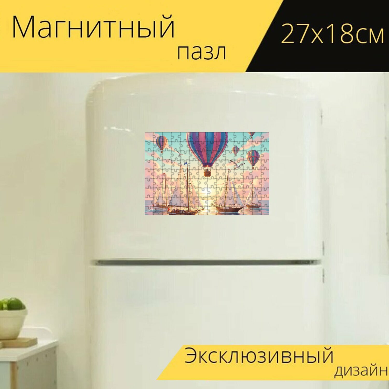 Магнитный пазл "Воздушные шары и парусники на закате. Мечтательная морская сцена в пастельных тонах: несколько яхт под белыми парусами, парящие." на холодильник 27 x 18 см.