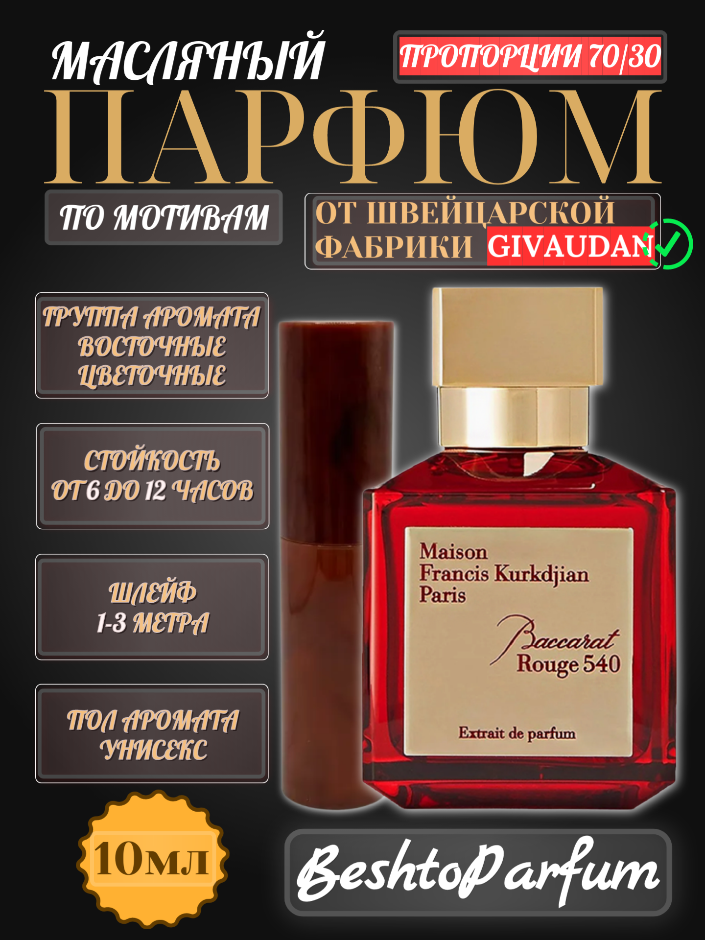 Масляные духи по мотивам Baccarat Rouge 540 — стойкий сладкий шлейфовый нишевый аромат / 10мл