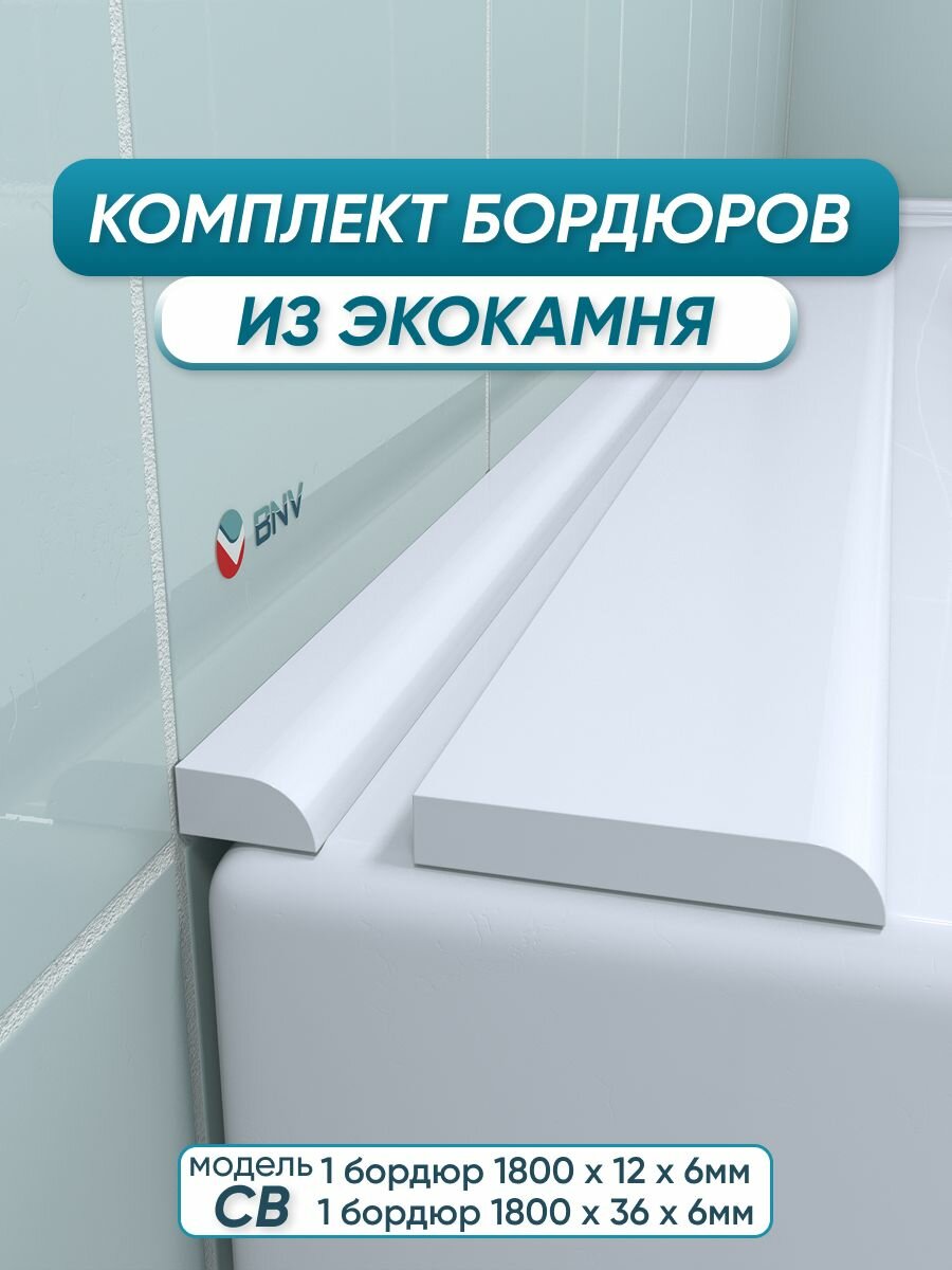 Акриловый бордюр плинтус для ванны BNV СВ12 + СВ36 180 сантиметров 2шт, белый цвет, глянцевая поверхность