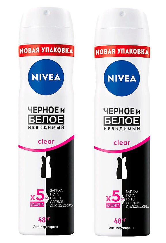 Дезодорант-антиперспирант Nivea спрей Невидимая защита для черного и белого(clear) ,150мл 2шт