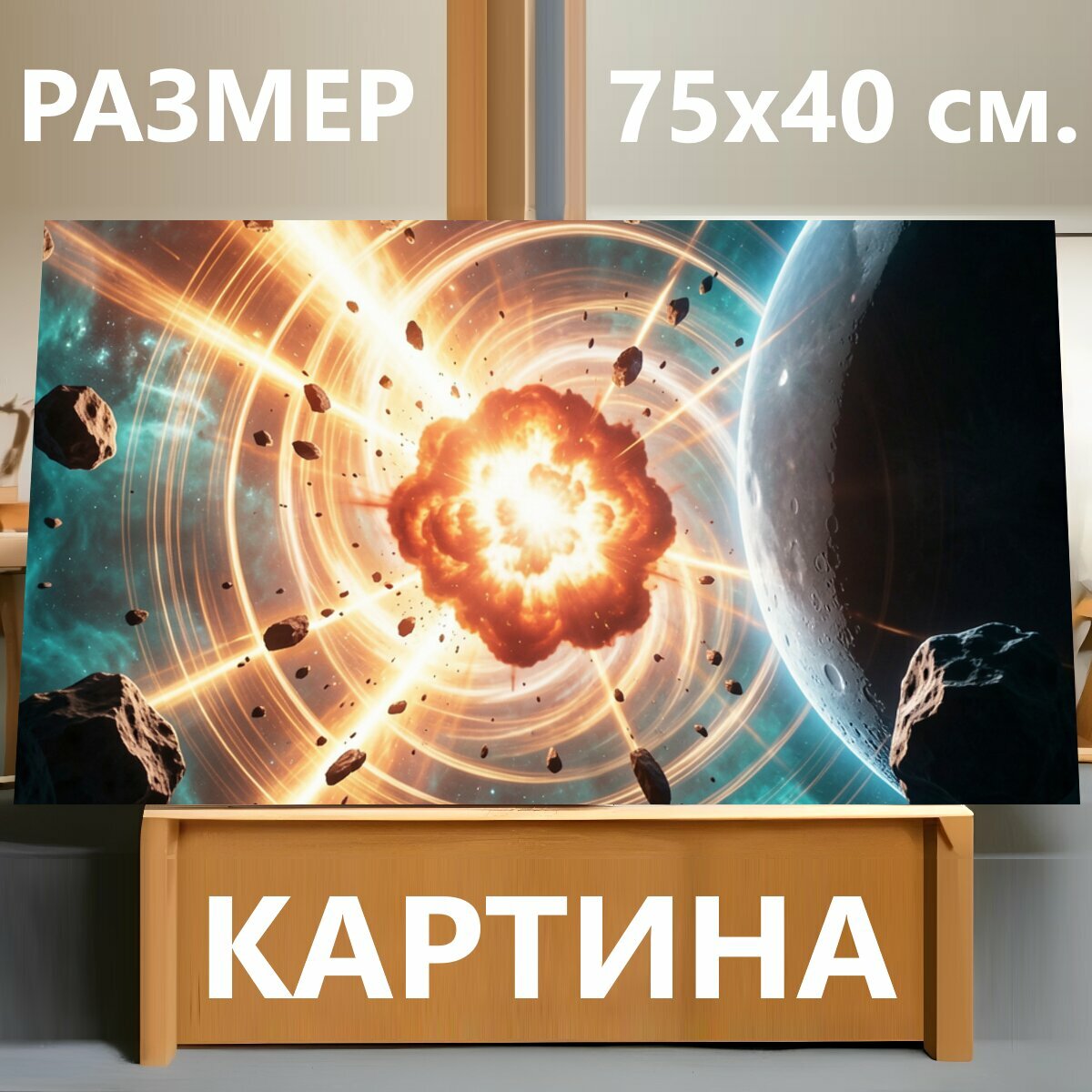 Картина на холсте "Космический взрыв и планета. Эпический космос с яркой вспышкой, разлетающимися астероидами и световыми кольцами у края." на подрамнике 75х40 см. для интерьера