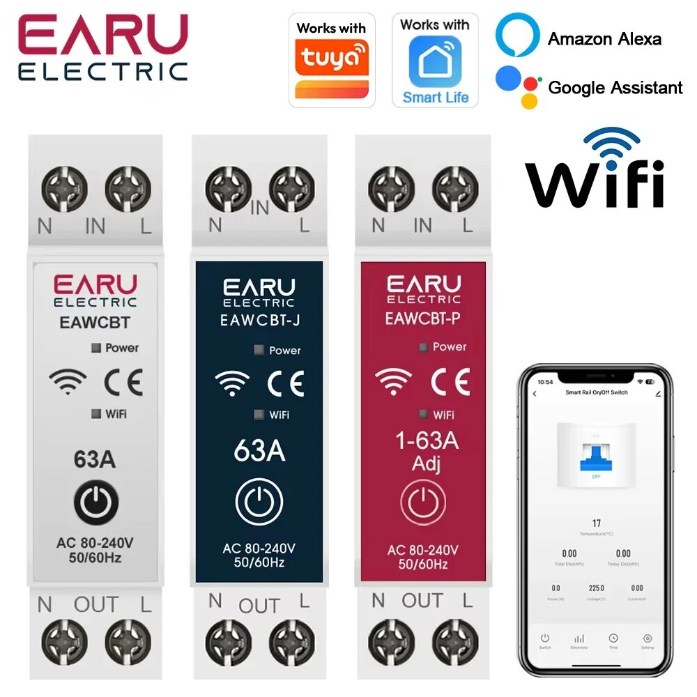 Автомат защиты цепи EARUELECTRIC Tuya Wi-Fi 32A белый, Metering