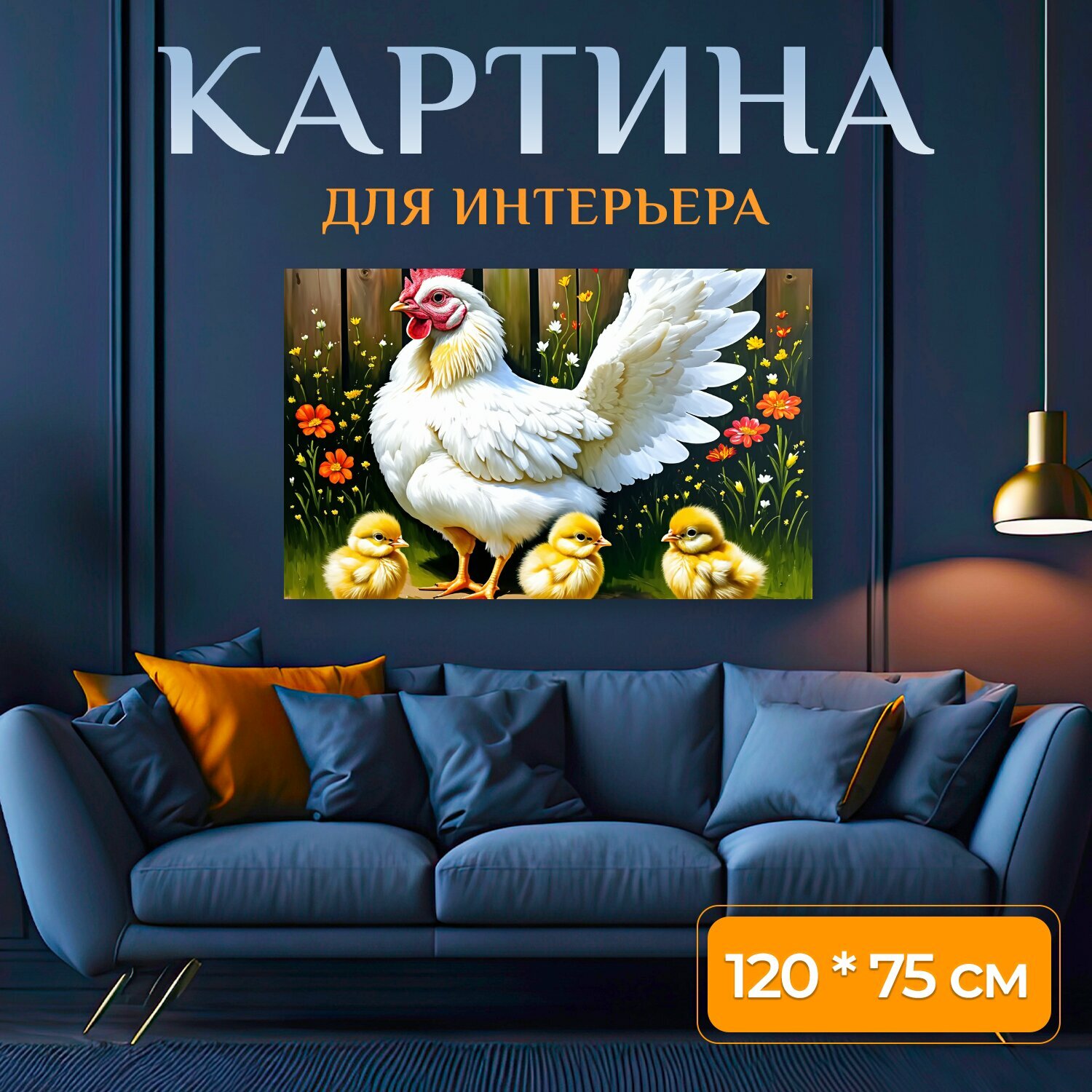 Картина на холсте "Живопись акрилом, белая курица сидит на земле, лап не видно, раскрыв свои крылья. Под крыльями сидит несколько маленьких." на подрамнике 120х75 см. для интерьера