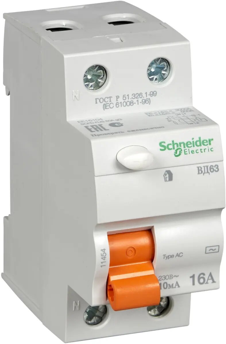 Выключатель дифференциального тока УЗО Schneider Electric ВД63 2П 16А 10мА AC (ВДТ) 11454