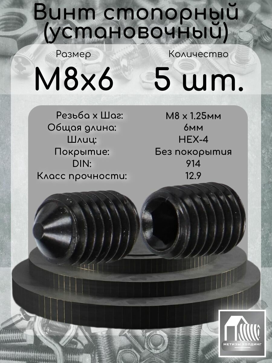 Винт М8х6 DIN914 установочный с острым наконечником, комплект из 5 штук