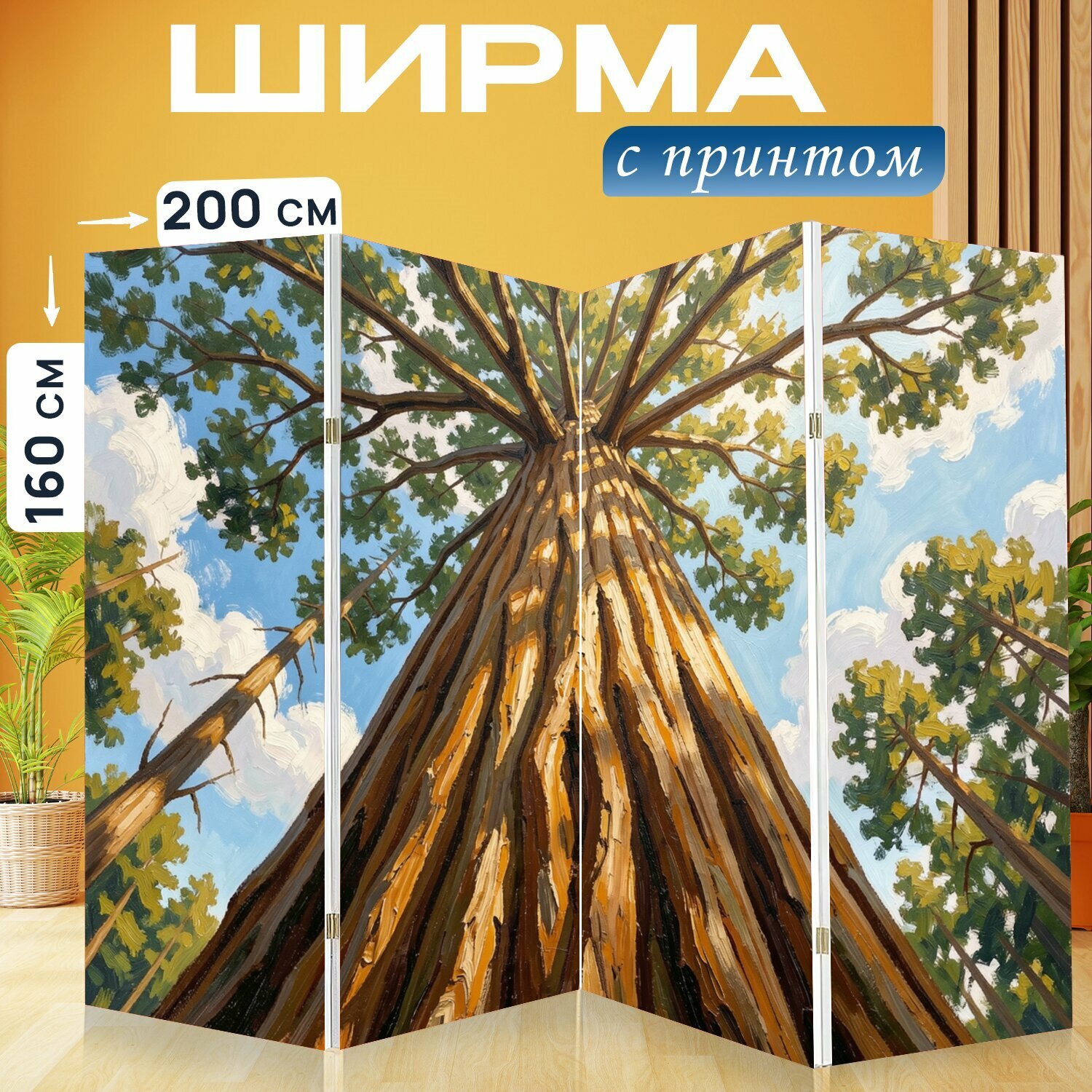 Ширма "Высокие деревья на фоне неба. Живописный вид снизу на мощные стволы и раскидистую крону лесных." перегородка для зонирования комнаты с принтом 200x160 см. на холсте