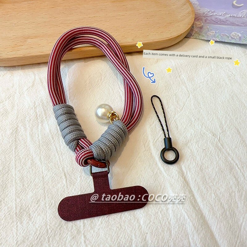 Бордовый короткий шнур для телефона с жемчужным подвесом, включая бордовый зажим и шнур
