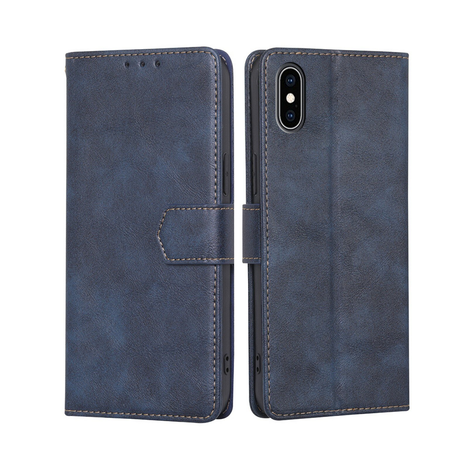Чехол-книжка MyPads для Apple iPhone X / XS из натуральной телячьей кожи синего цвета