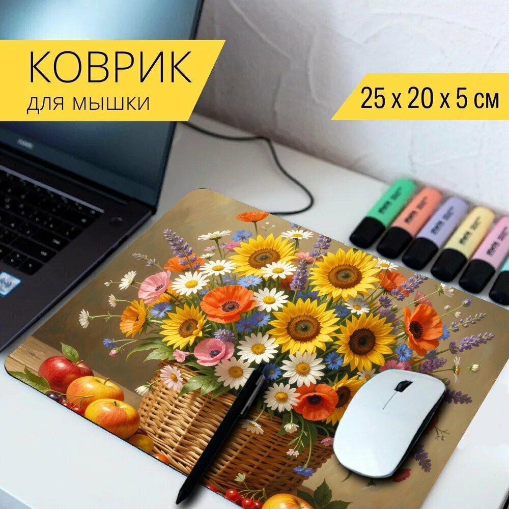 Коврик для мыши с принтом "Яркий букет с фруктами. Живописная натюрмортная композиция с полевыми цветами, подсолнухами, маками и ромашками в плетеной корзине, рядом спелые." 25x20см.