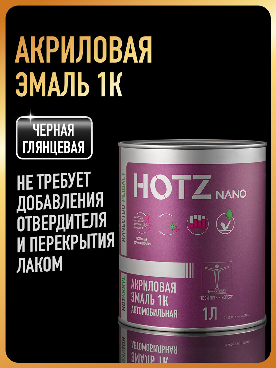 Акриловая краска автомобильная 1К Черная глянцевая, 850 мл (не требуется отвердитель), HOTZ