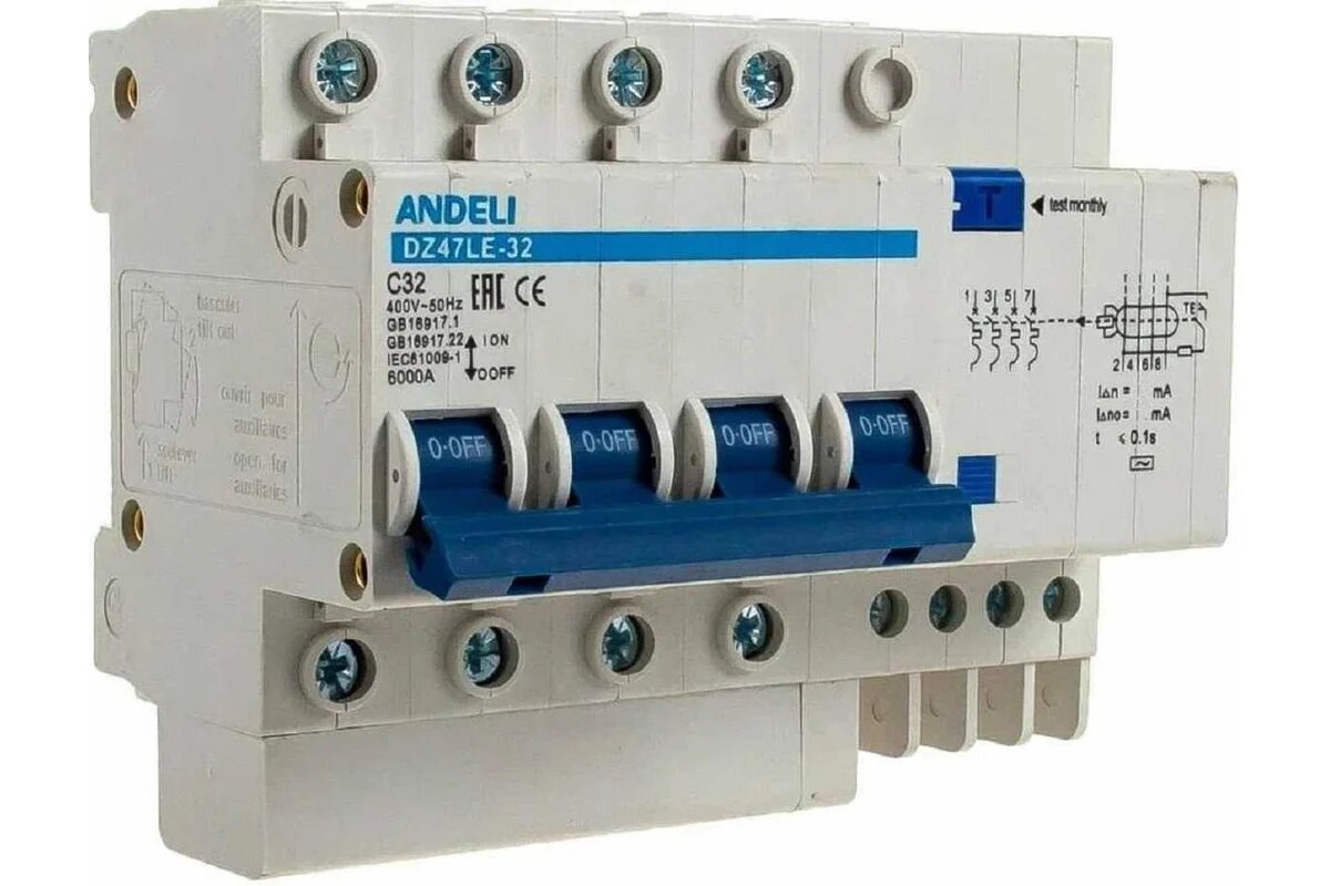 Дифференциальный автоматический выключатель ANDELI DZ47LE‑32 4P 32A 30 мА AC тип C IP20 УХЛ4