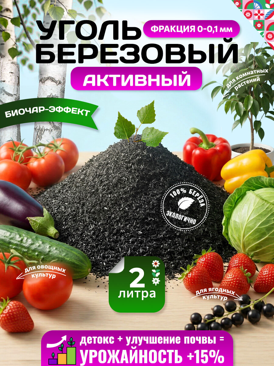 Активный биочар 2 литра для комнатных растений, почвоулучшатель для сада и огорода
