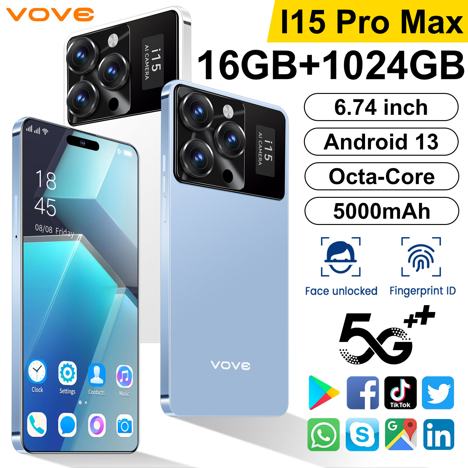 Смартфон VOVE I15 Pro Max, 6.78", 16ГБ/1ТБ, MediaTek Helio G99, длительная автономность，синий