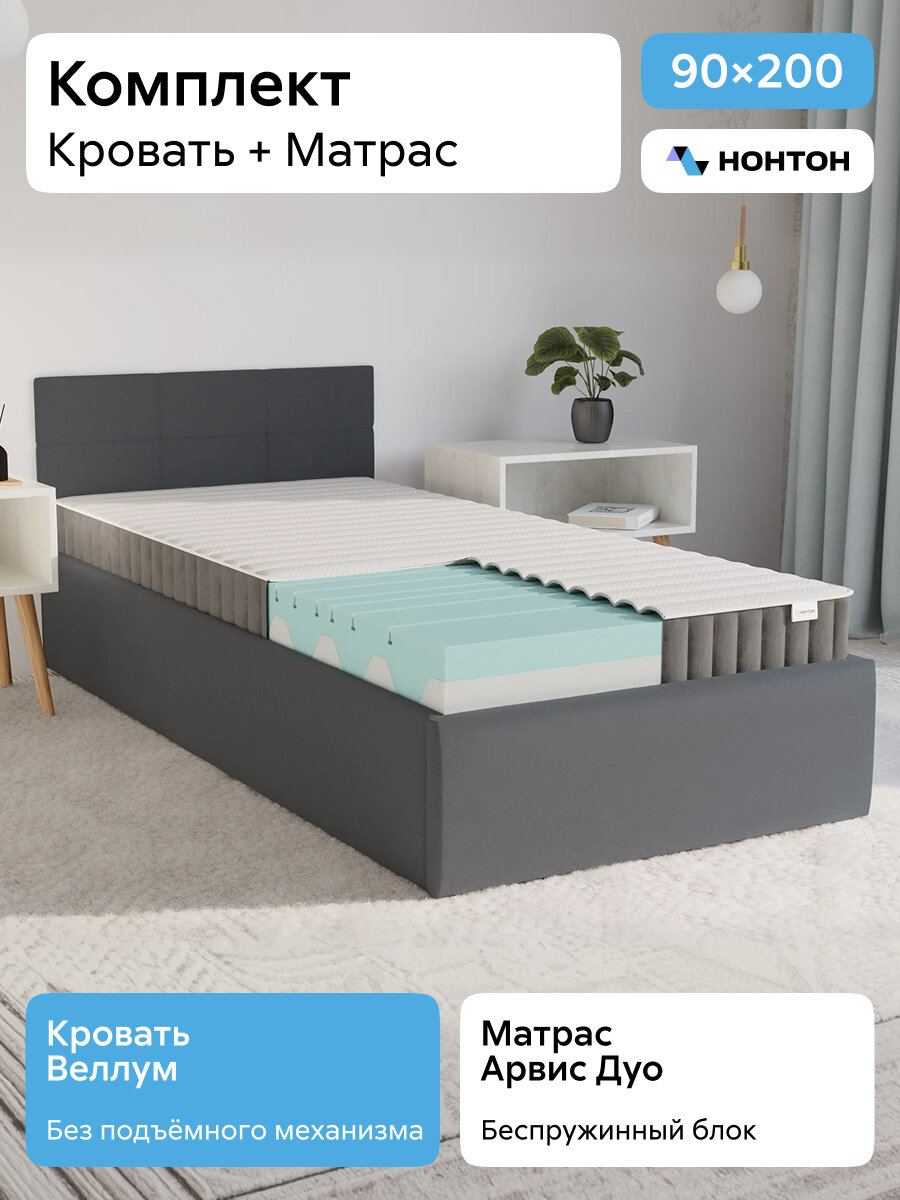 Кровать односпальная Нонтон Веллум, 90x200 см, настил, Матрас ДКР 19см+ Арвис Дуо, велюр темно-серый