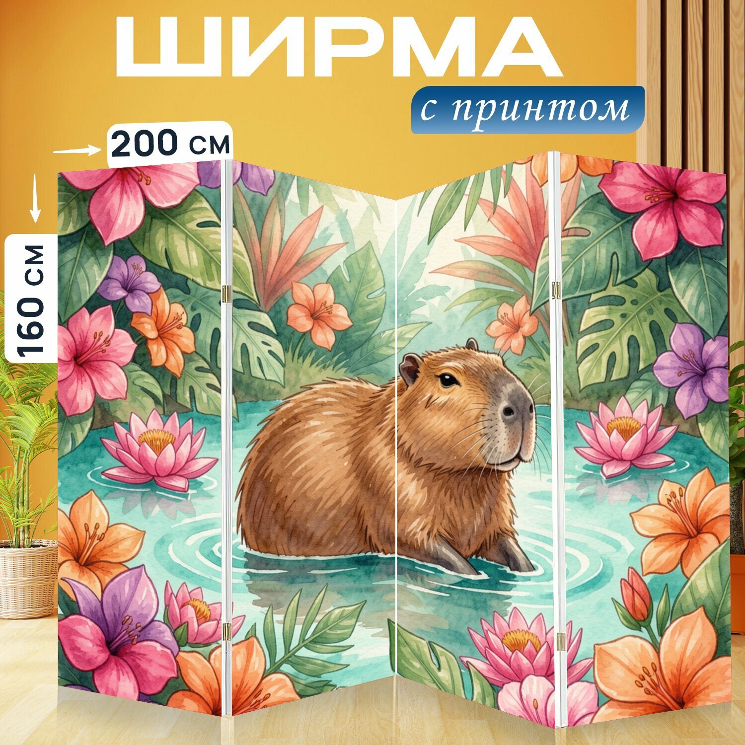 Ширма "Капибара среди тропических цветов. Акварельная иллюстрация с крупным грызуном в лазурной воде." перегородка для зонирования комнаты с принтом 200x160 см. на холсте