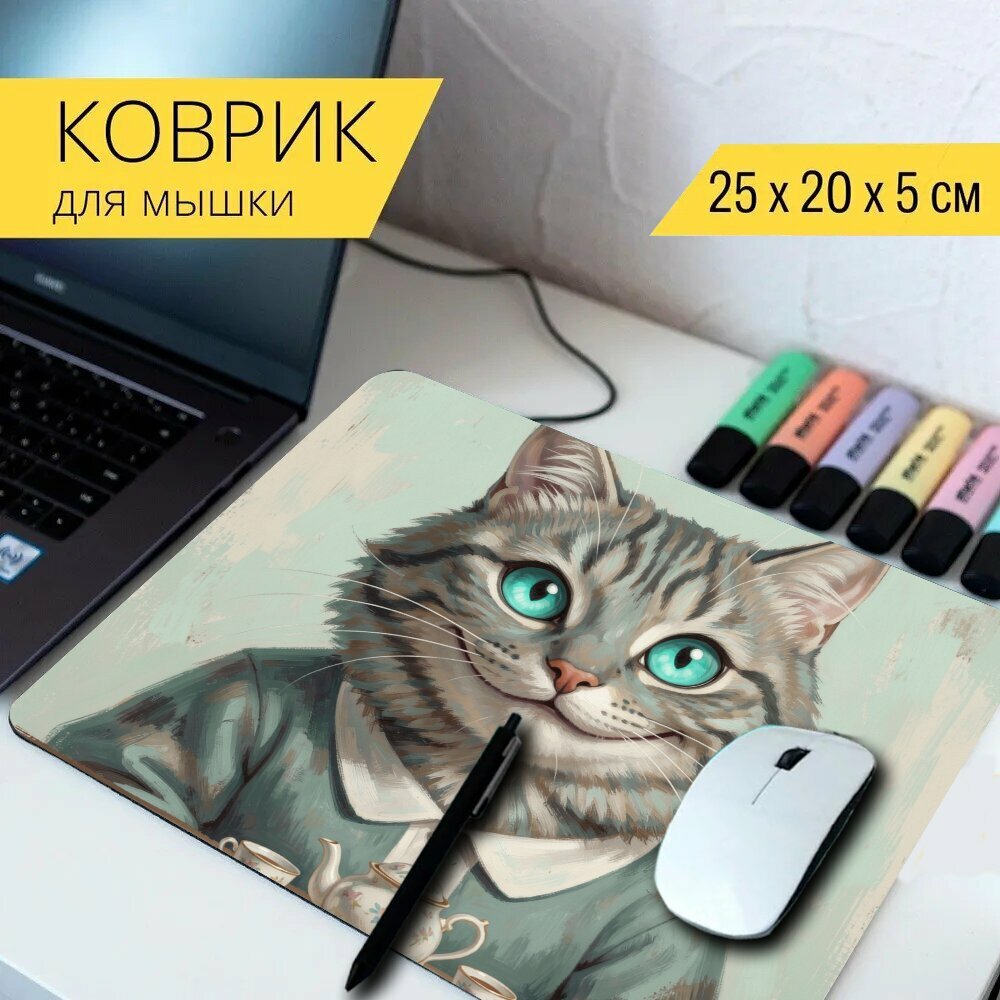 Коврик для мыши с принтом "Кот с чайным сервизом. Милый антропоморфный кот в ретро-образе с яркими бирюзовыми глазами сидит за столом, перед ним фарфоровый чайный набор." 25x20см.