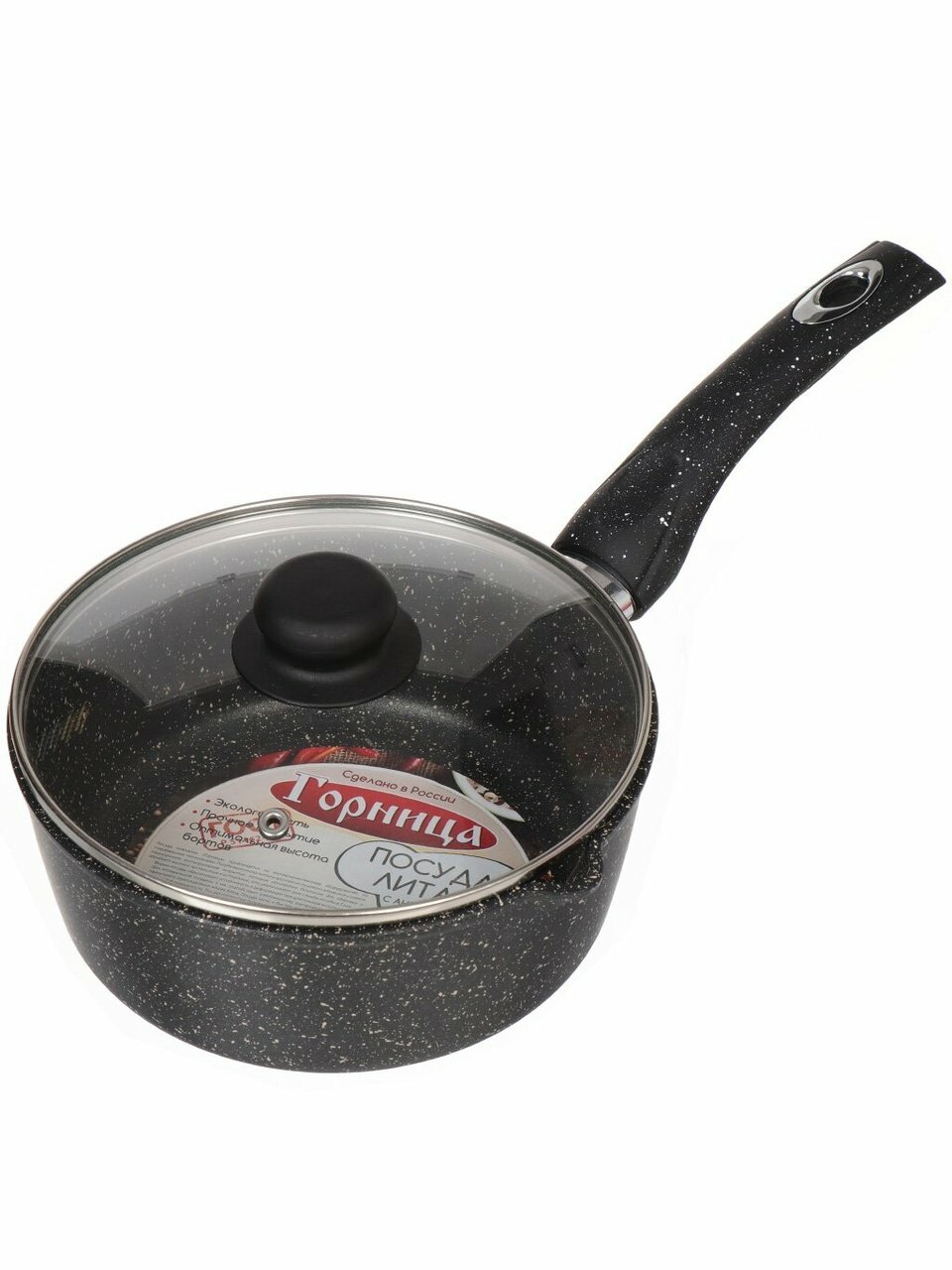 Ковш алюминий, антипригарное покрытие, 2 л, с крышкой, пластиковая ручка, Горница, Гранит, кш2011аг