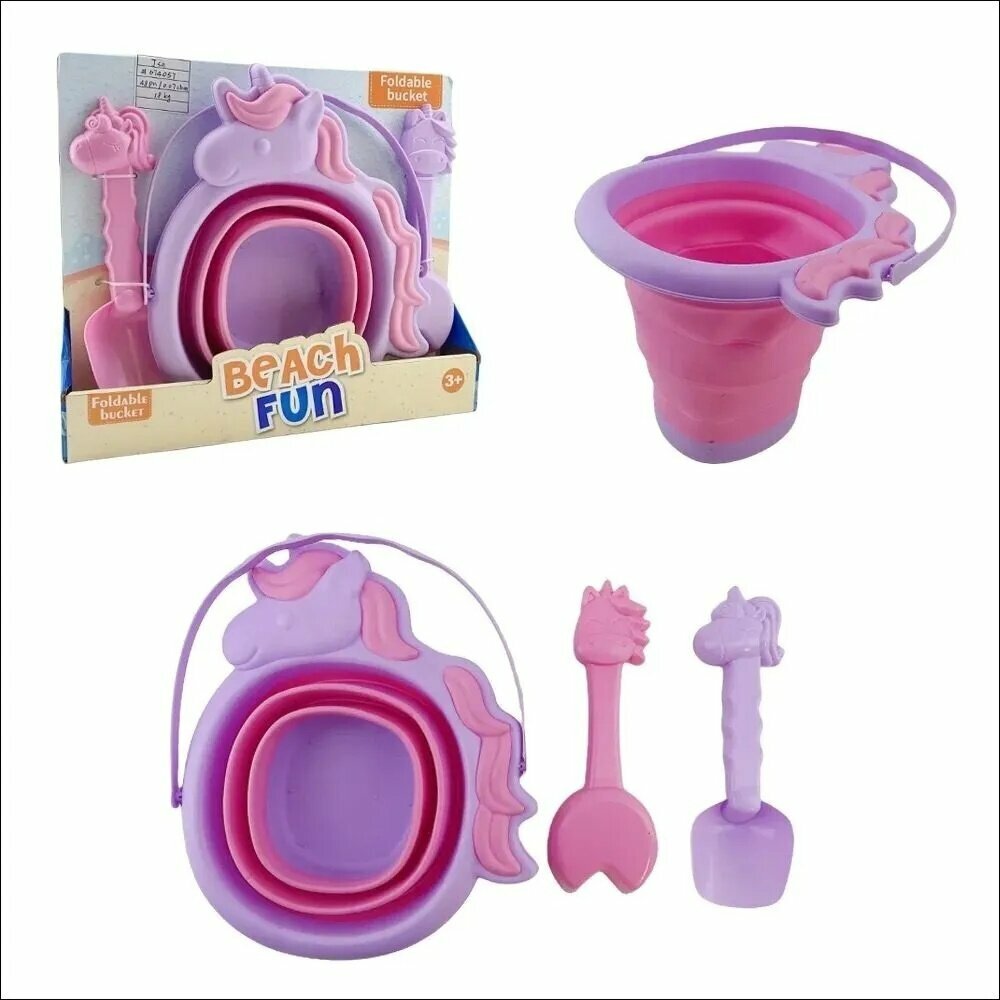 Ведро детское складное+лопатка и грабли для песочницы, Единорог