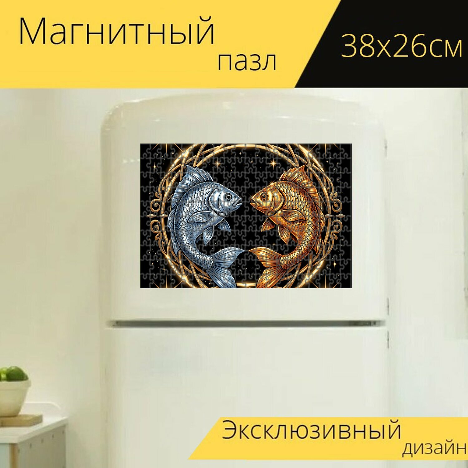 Магнитный пазл "Две рыбы в золотом круге. Симметричная композиция с серебристой и золотистой рыбками в декоративной арке, на черном фоне со звездами." для интерьера, 38х26 см.